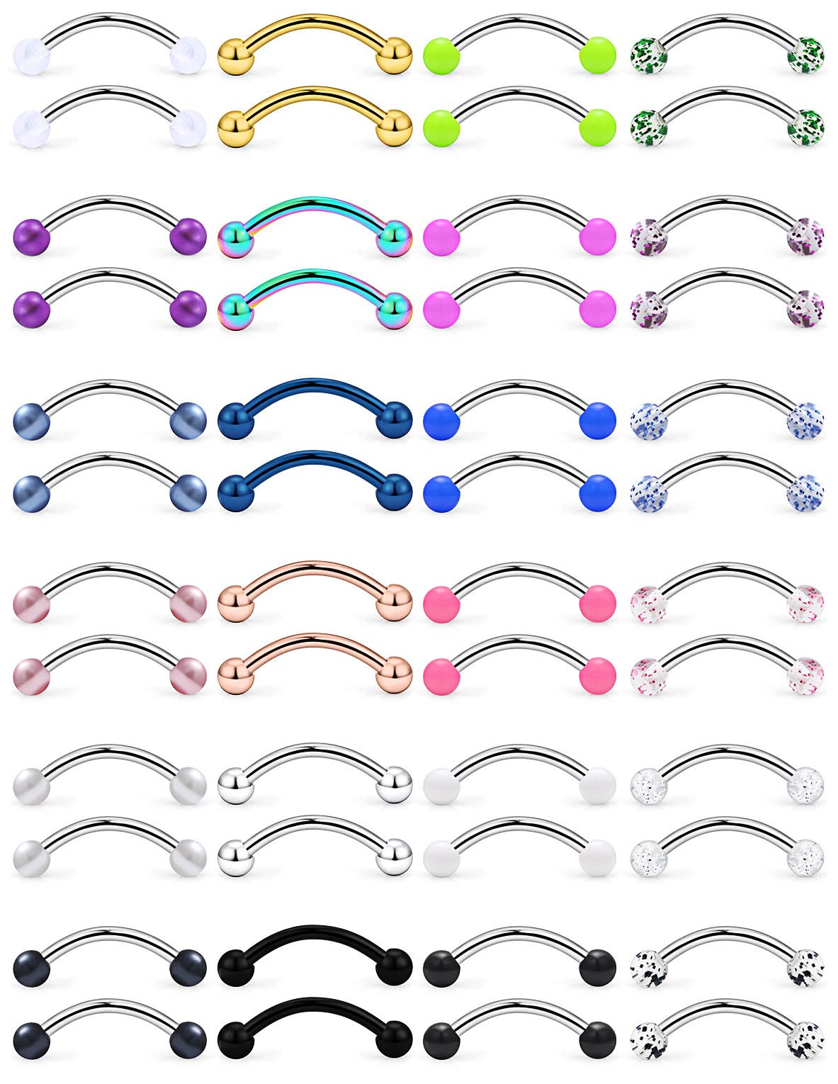 Hoeudjo 48PCS 16G Surgical Steel Snake Eyes Tongue Ring Curved Barbell Nipplerings Nipple Rings Piercing Jewelry for Women Men 16mm 5/8 Inch Silver-tone Rose Gold Black