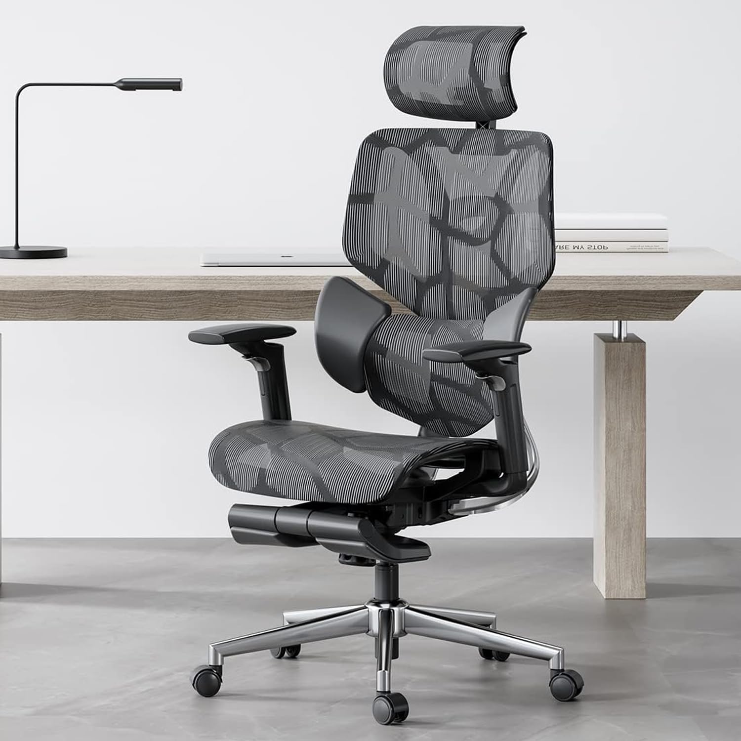 Hbada Ergonomic Office Chair Elastic Adaptative Back Lumbar Support Computer Chair, Seat Depth Adjustment Office Chair, Backrest Height Adjustable Mesh Desk Chair with Footrest, Black