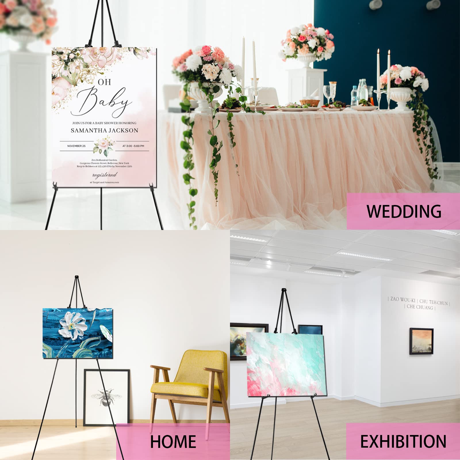 IN WHICH BAY 63" Tall Folding Easel for Display, Instant Poster Easel, Floor Standing Easel Wedding Sign Stand Black Steel Metal Telescoping Art Easel Stand (BLACK-1PACK)