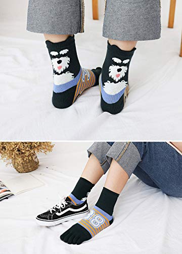 Hellomamma Women's Toe Sock Cute Cat Dog Ankle Sock Cotton Athletic Running Five Finger Socks for Girls (5 Pairs)