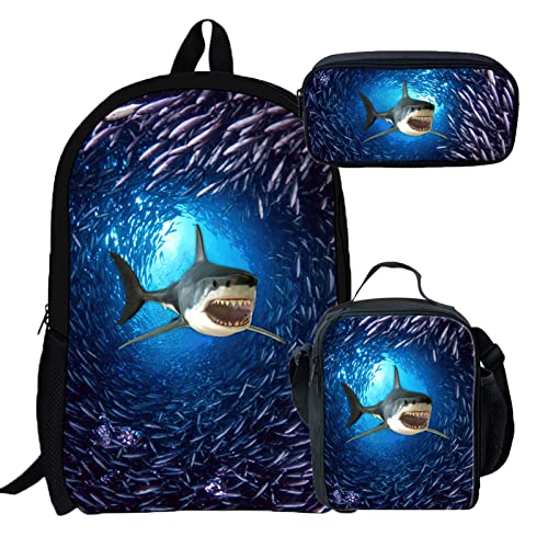 Wanyint Shark Animal Print School Backpack Blue Elementary Teen Kids Book Bags Lunchbox Pencil Case Pouch, Lightweight Back Pack Messenger Bag