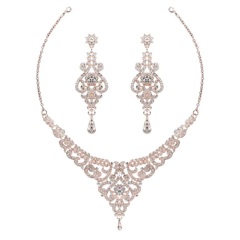 Hapibuy Crystal Rose Gold Wedding Jewelry Set Rhinestone Necklace and Earring Set For Women and Brides
