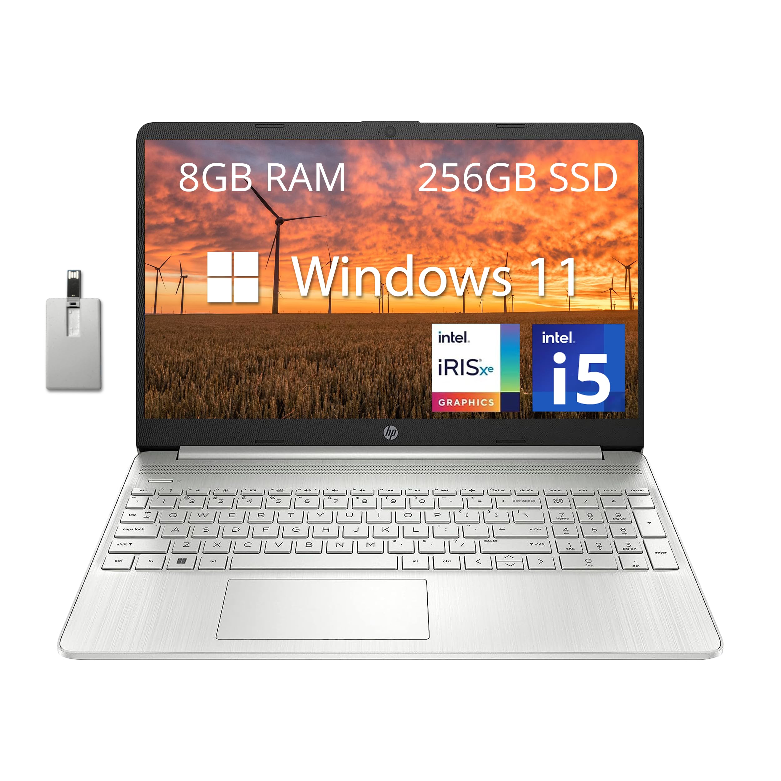 HP 15.6" FHD Touchscreen Laptop, Intel Core i5-1135G7 Processor, 12GB DDR4 RAM, 256GB SSD, Intel Iris Xe Graphics, HD Webcam, Windows 11, Silver, 32GB Hotface USB Card