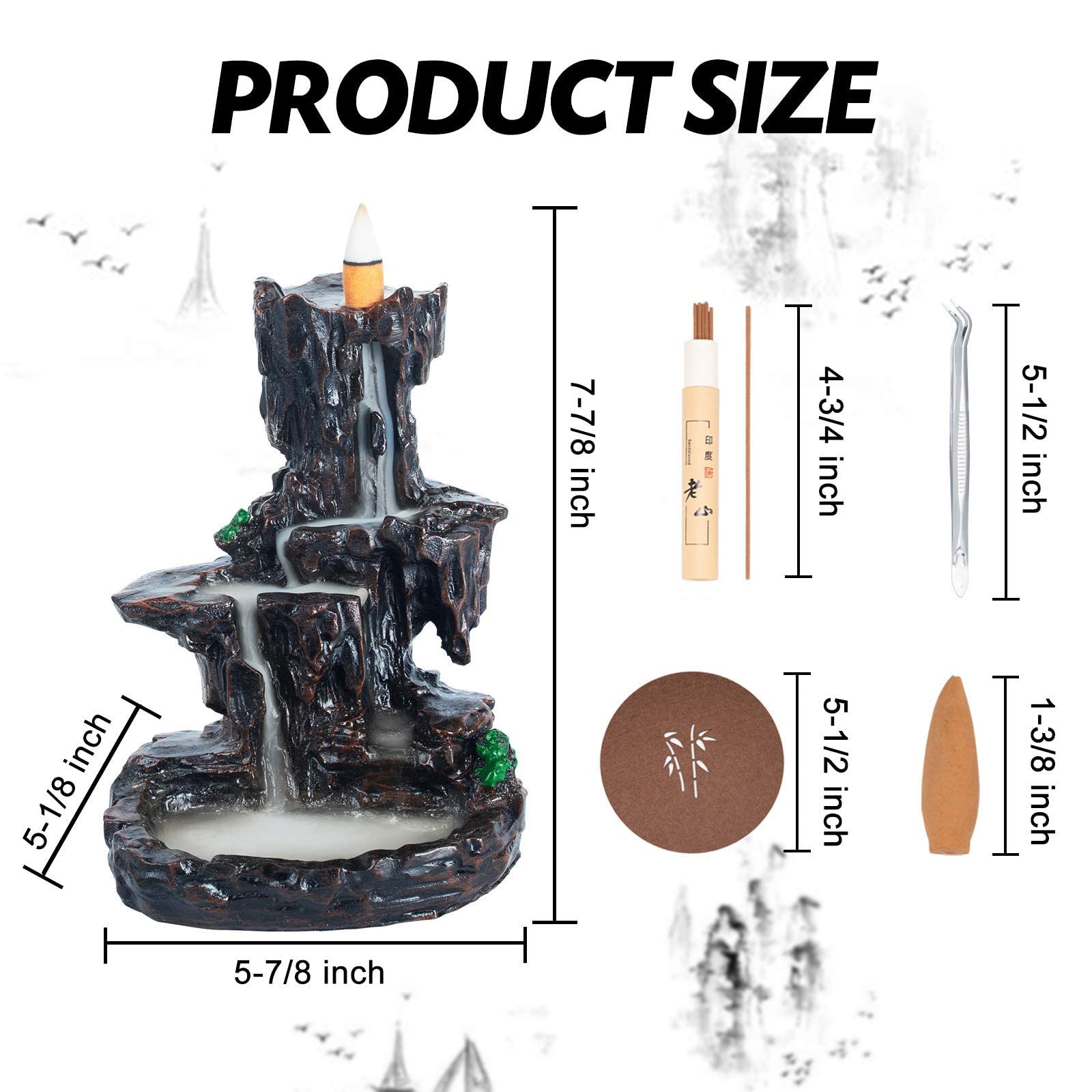 Incense Waterfall Burner Backflow Mountain River Incense Holder by DAILYLIFE, Home Decor Aromatherapy Ornament with 120 Upgraded Backflow Incense Cones + 30 Incense Sticks + 1 Cushion + 1 Tweezers