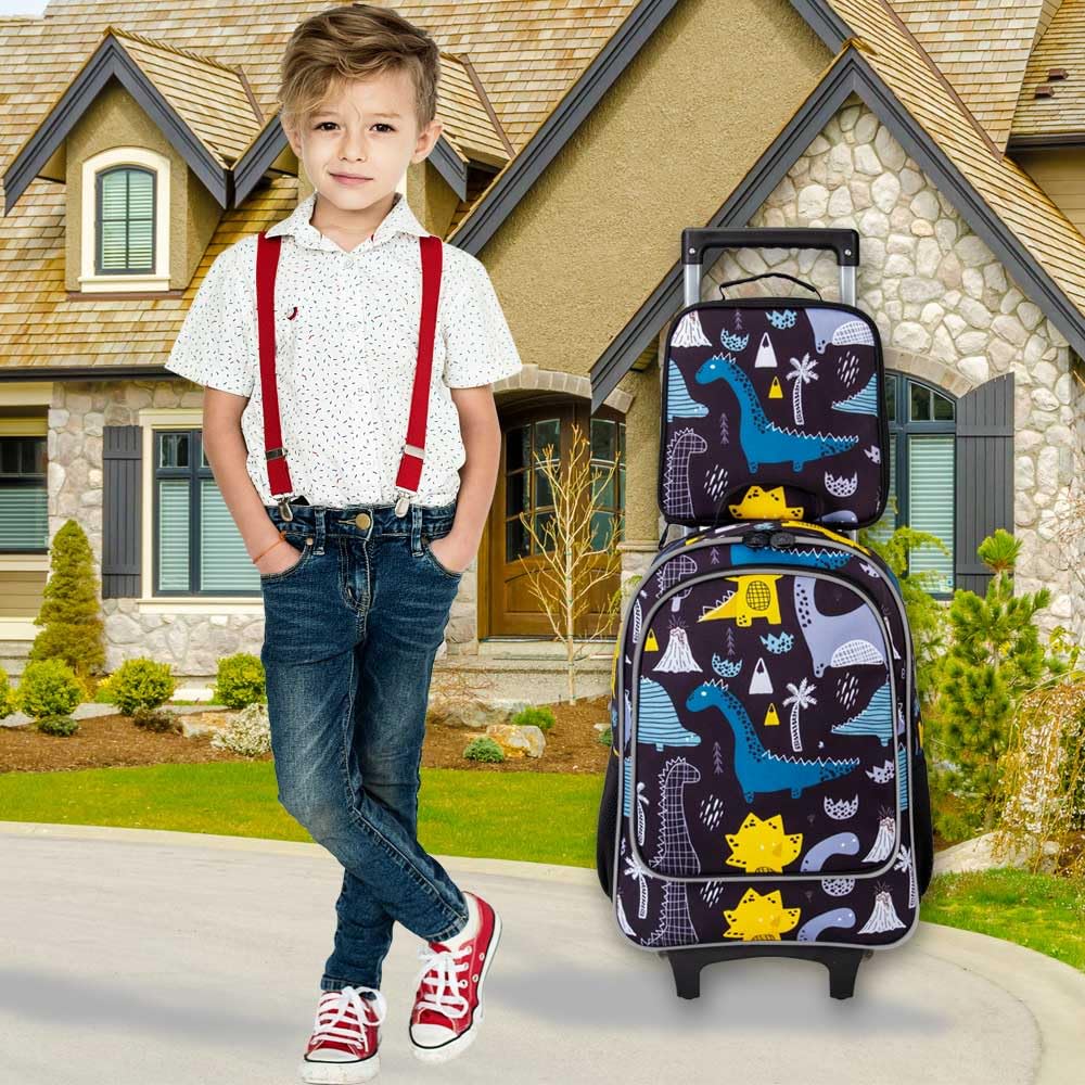 gxtvo Rolling Backpack for Boys, Roller Wheels Kids Bookbag - Wheeled Suitcase Elementary School Bag - 3PCS Dinosaur