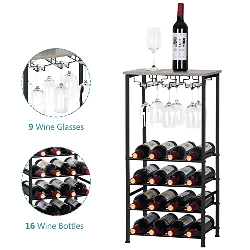 Vrisa Freestanding Floor 16 Bottles Wine Rack with 9 Wine Glass Holder, Wine Holder Stand for Floor, 5 Tiers Wine Bottle Organizer Stand, Dark Oak