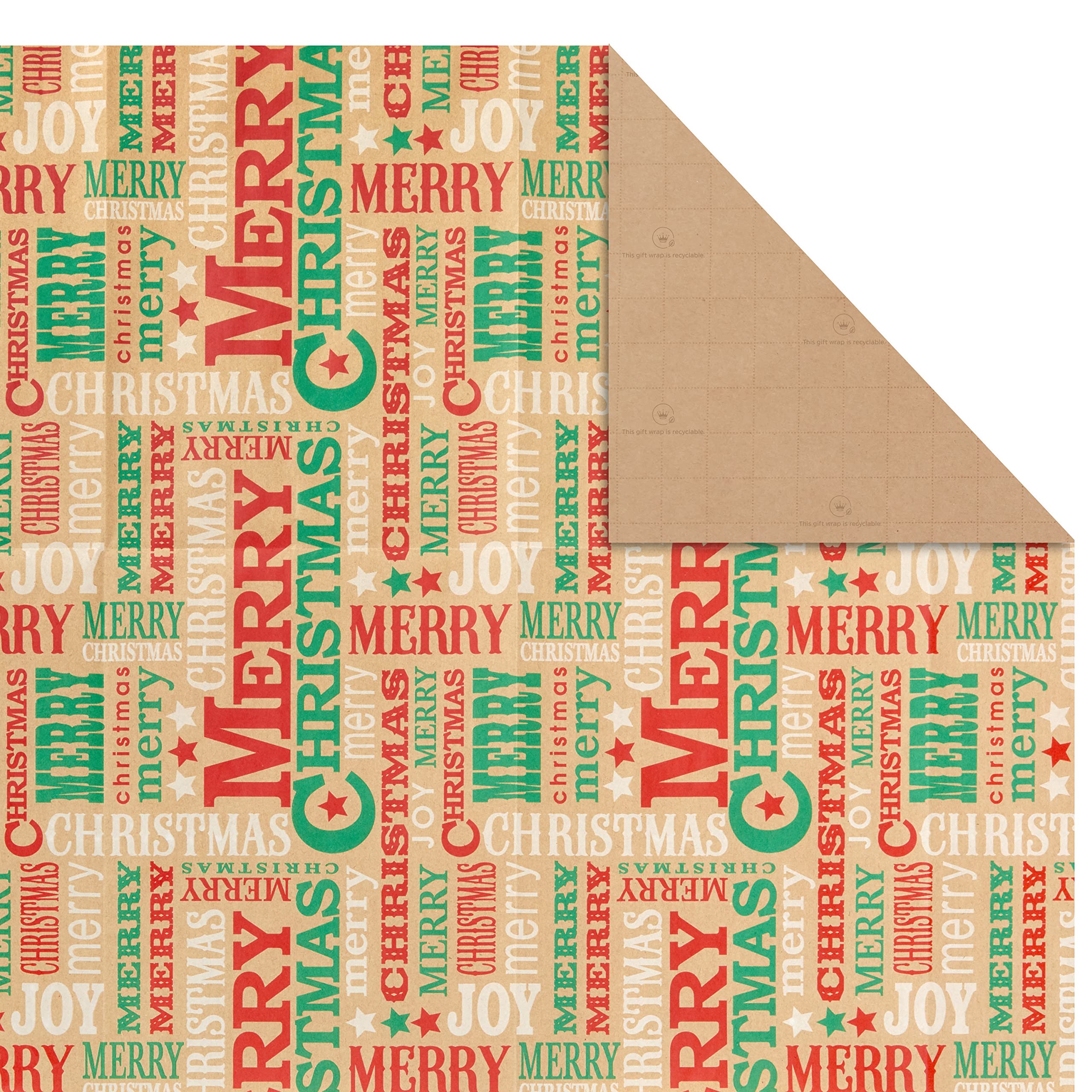 Hallmark Recyclable Kraft Christmas Flat Wrapping Paper Sheets with Cutlines on Reverse (12 Folded Sheets with Sticker Gift Tags) Rustic Red Trucks, White Snowflakes, "Merry Christmas" Lettering