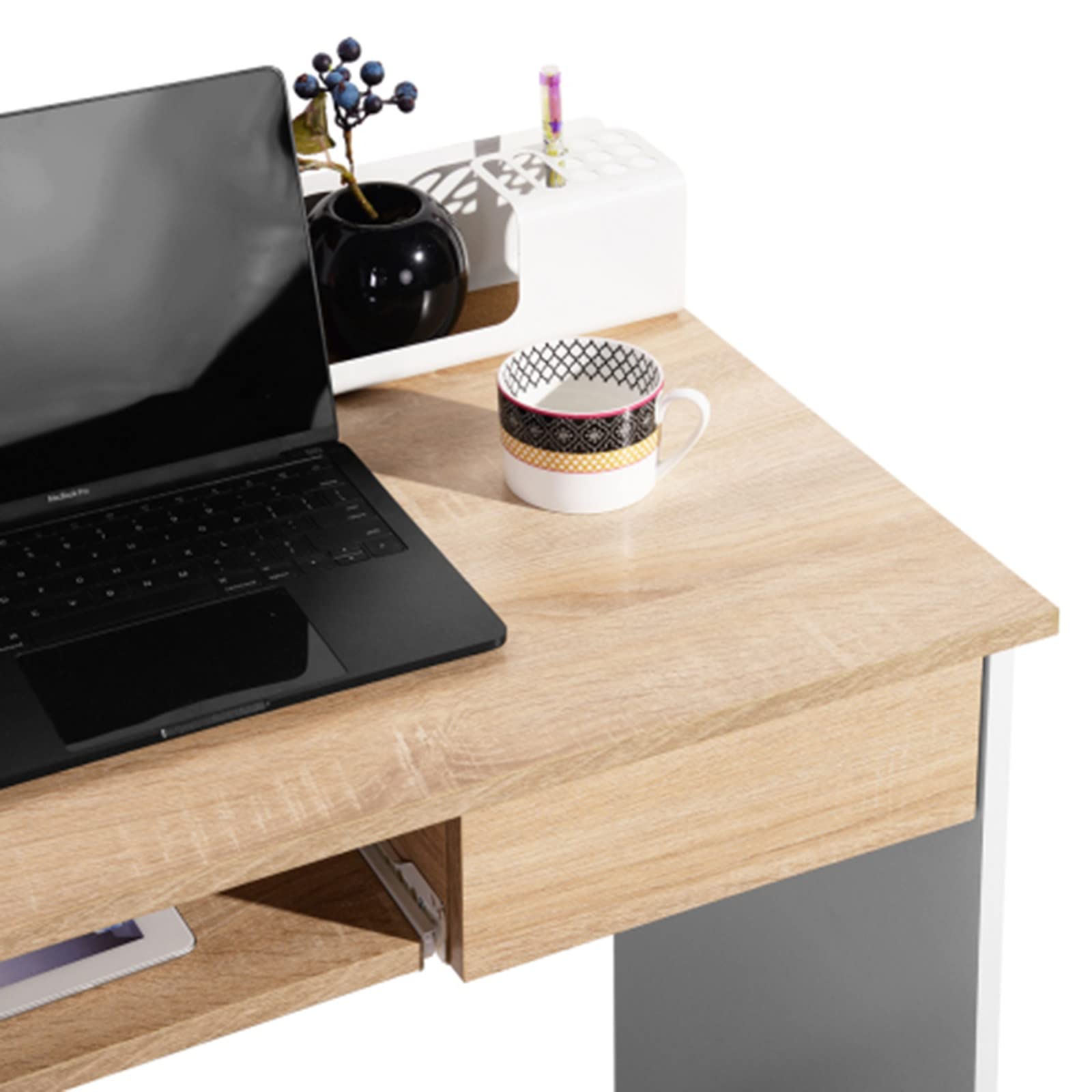 HEMOTONE Wooden Computer Desk with 1 Drawer and 1 Keyboard Tray, Industrial Style Home Office Study Desk Rectangular Writing Desk(Color:Oak)
