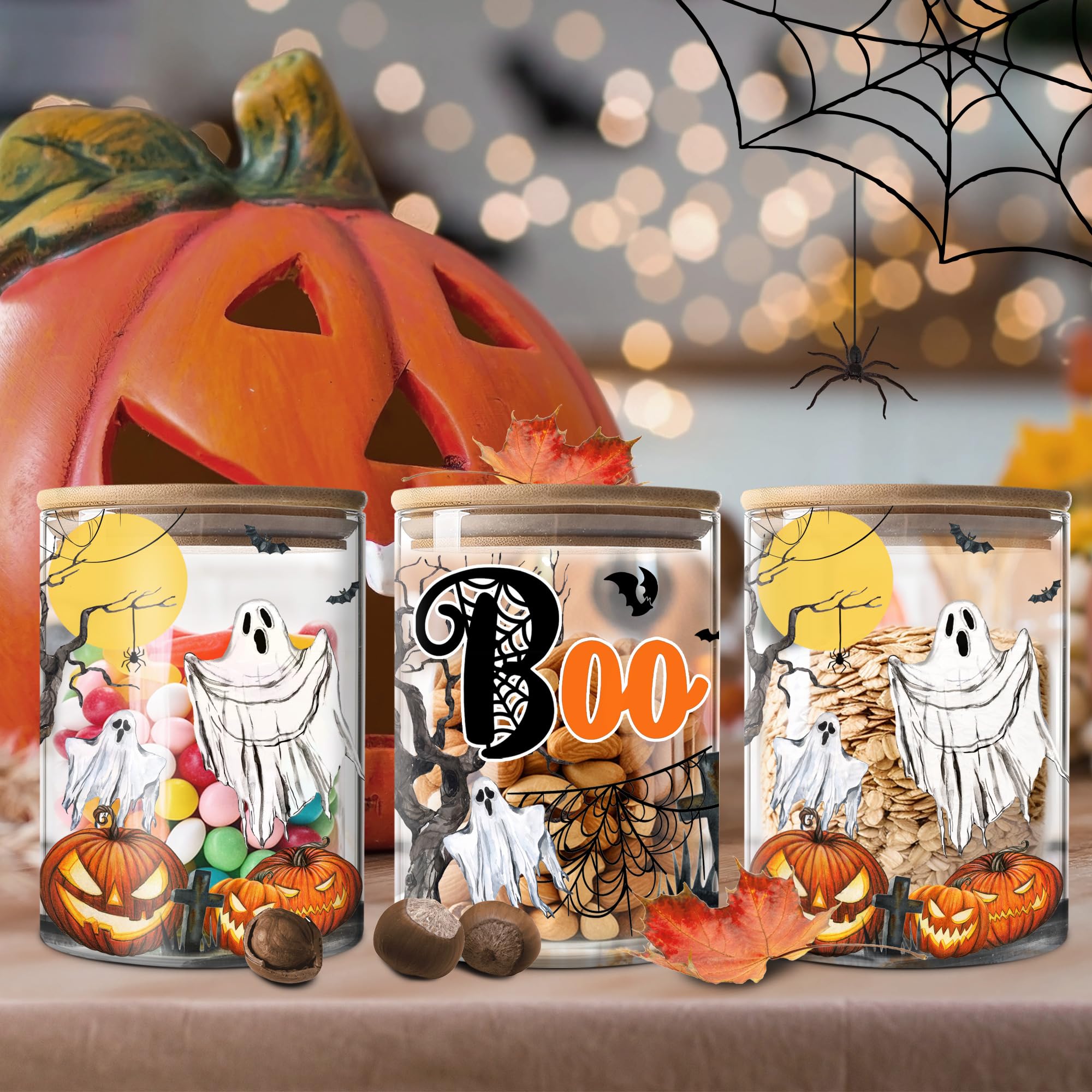 Hexagram 3-Pack Glass Cookie Jar for Halloween Kitchen Decor, 23 oz Candy jar with Bamboo Lids, Canister Sets for Kitchen Counters