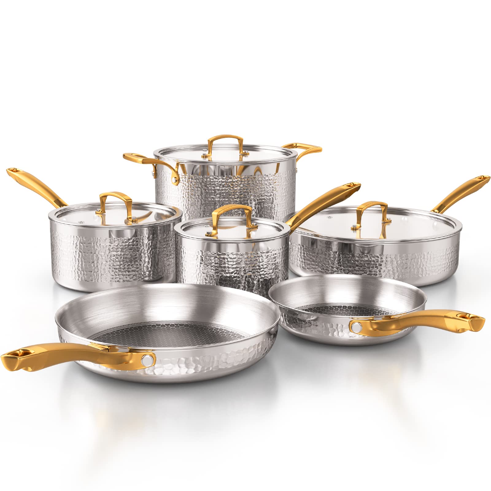 Homaz life Stainless Steel Pots and Pans Set, Tri-Ply Hammered Kitchen Cookware with Glass Lids, Induction Compatible, Non-Toxic, 10-Piece
