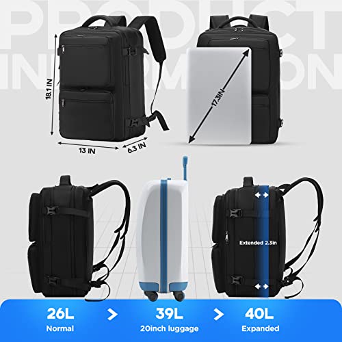 XJ-HOME Travel Backpack For Men,3 in 1 Expandable Laptop Backpack,As Personal Item Flight Approved Carry On Bag For Men and Women Fits 17.3 Inch Notebook,Black