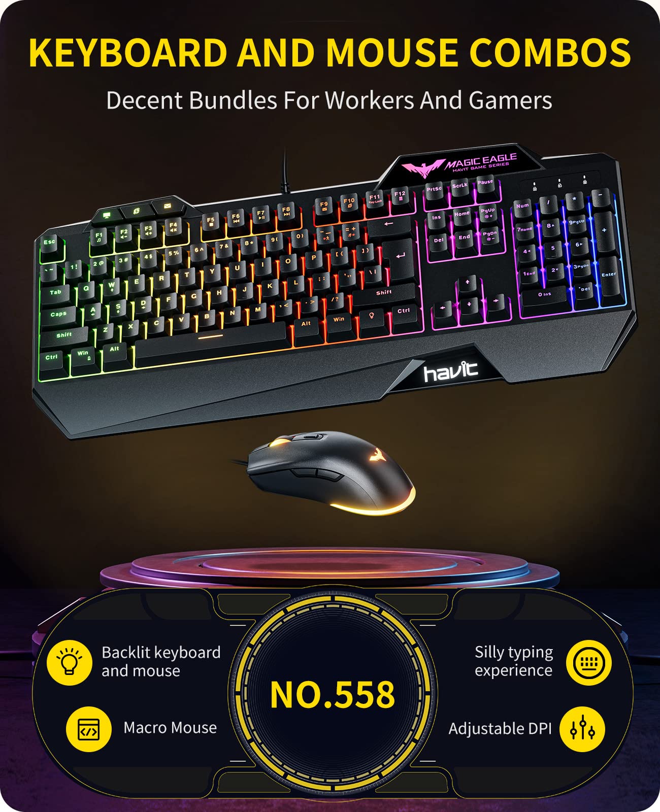 havit Gaming Keyboard and Mouse Combo, Backlit Computer keyboards and RGB Gaming Mouse, Gaming Accessories 104 Keys PC Gaming Keyboard with DPI 4800 Mouse for Gamer, Black