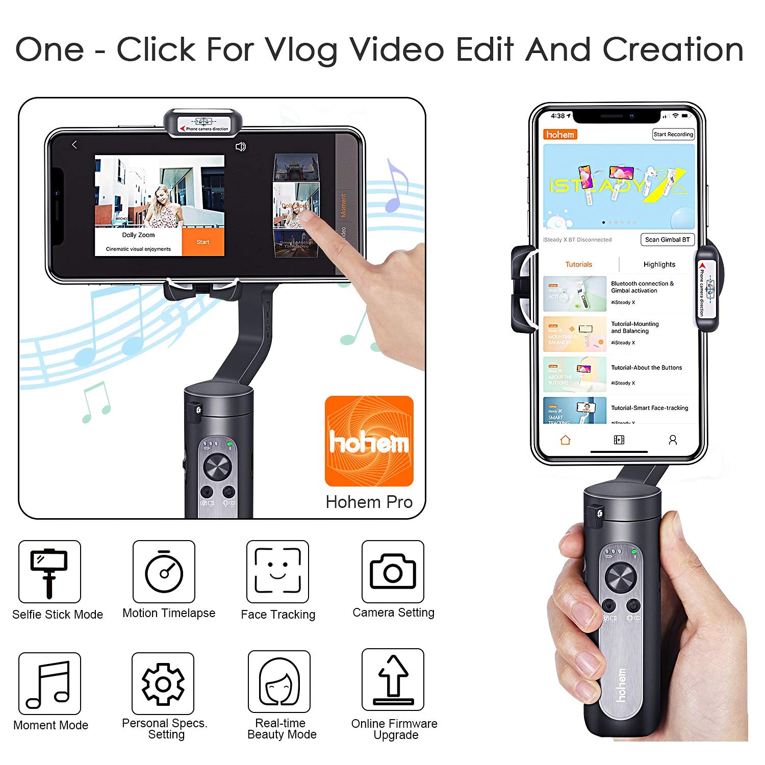 Hohem iSteady X Gimbal Smartphone Gimbal Stabilizer 3-Axis Gimble Moment Story 270° Roll Inception Mode Compatible with iPhone 14/13/12/11 Mini/Plus/Pro/Max & Android Smartphones (Black)