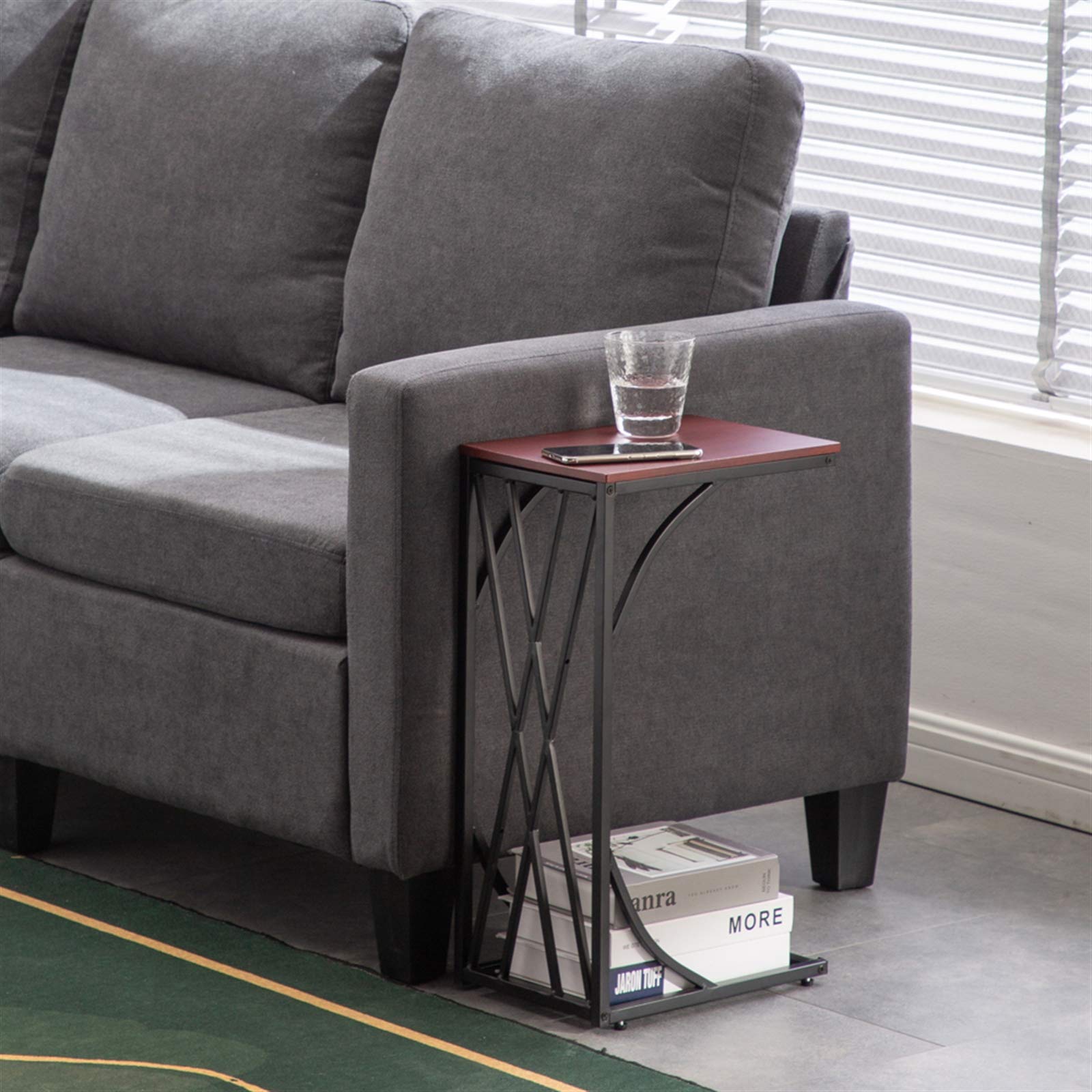 HEYBEC Compact Side Table with Rich Walnut Finish & Black Metal Frame