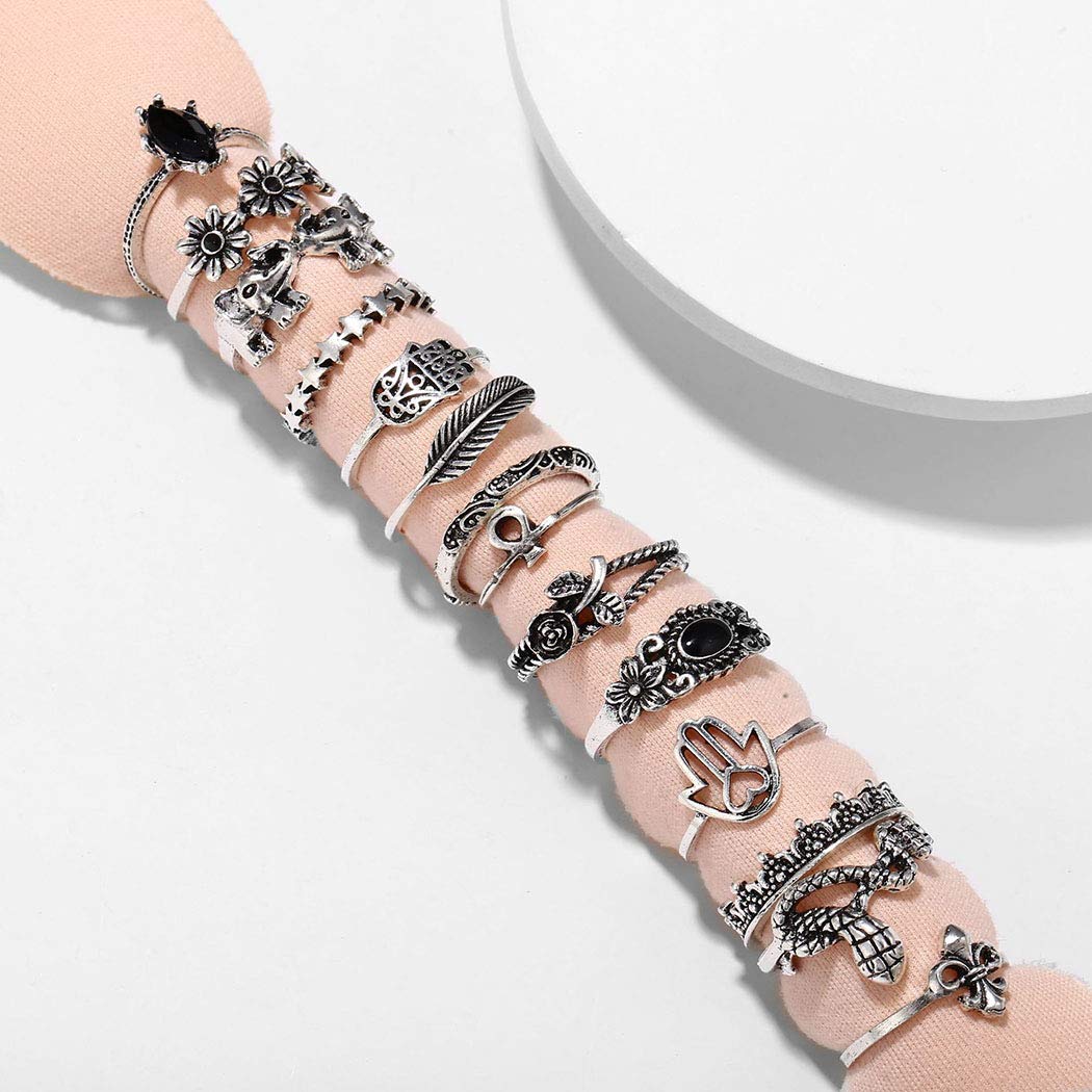 Haloty Boho Black Crystal Joint Knuckle Rings Silver Elephant Midi Rings Set Snake Flower Stackable Finger Rings Jewelry for Women and Girls (14PCS)
