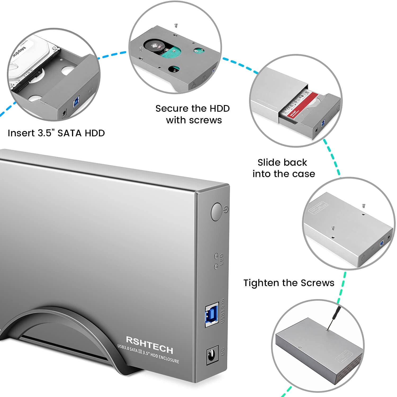 Hard Drive Enclosure RSHTECH USB 3.0 to SATA Aluminum External Hard Drive Dock Case for 3.5 inch HDD SSD up to 16TB Drives, Support UASP (RSH-339)