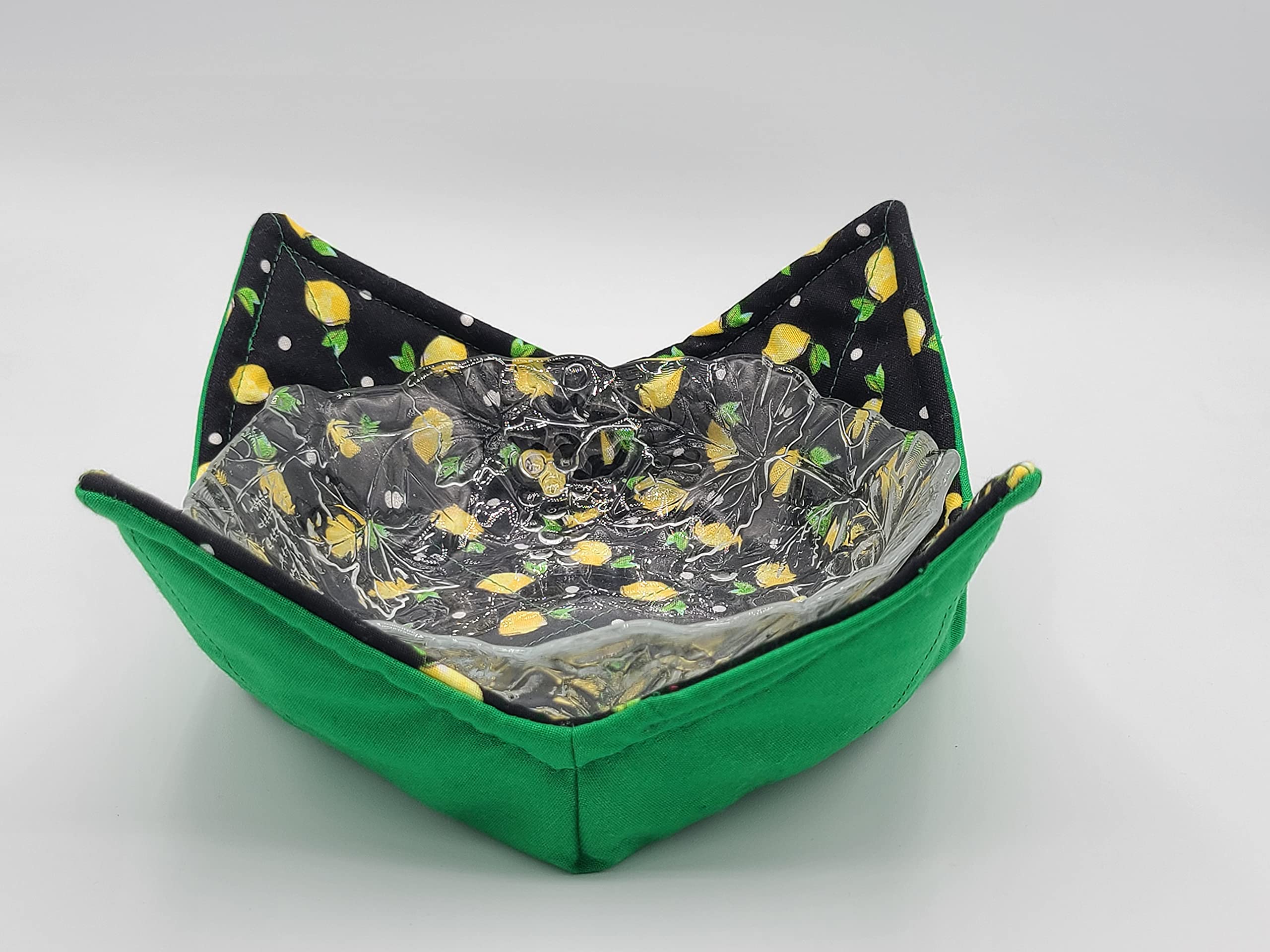 Lemon Polka Dot Microwave Bowl Cozy Vintage Inspired Reversible Microwaveable Potholder Retro Soup Buddy Kitchen Linens 50s Diner Handmade Housewarming Hostess Teacher Gifts Under 10