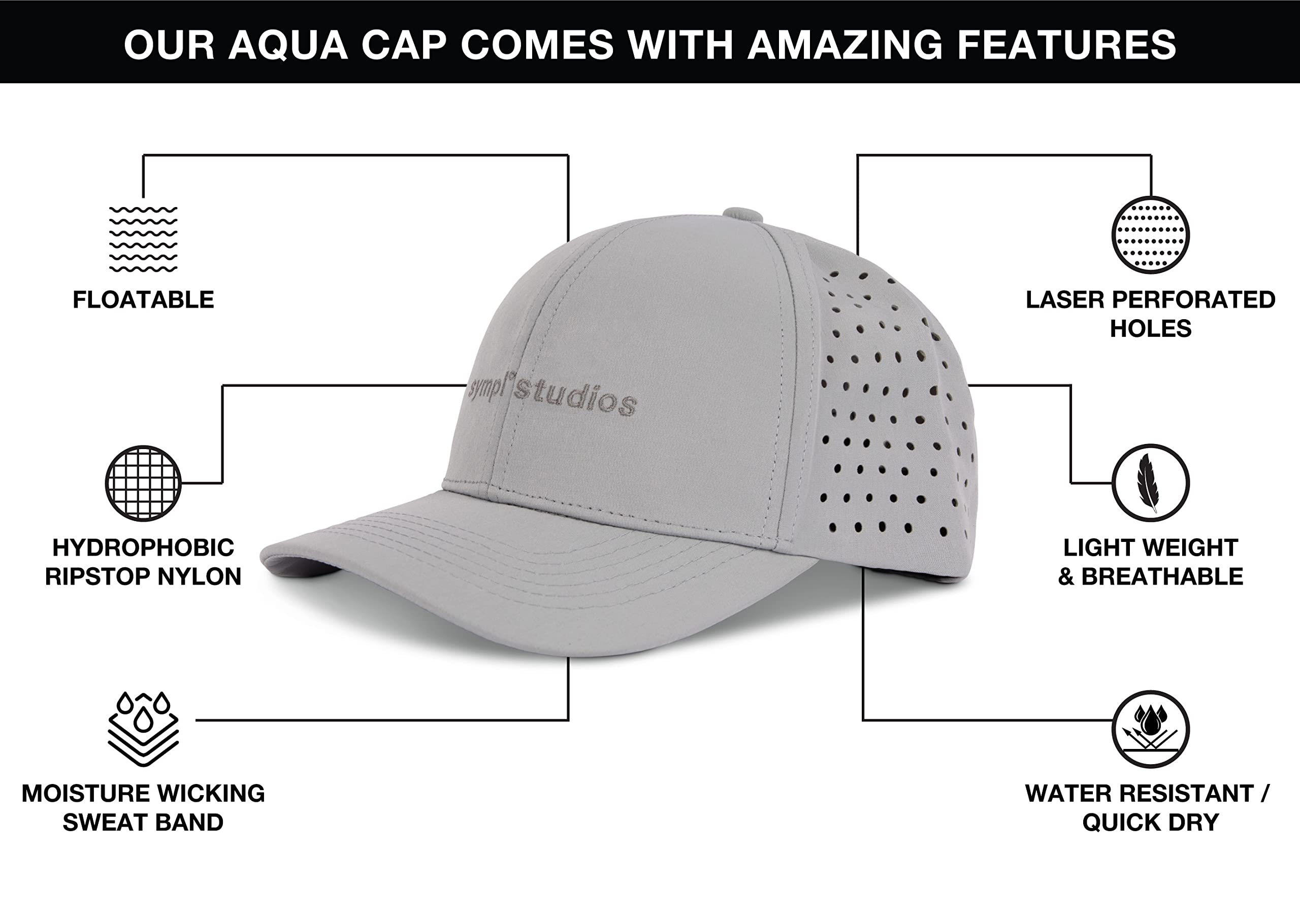 Hydro Waterproof Baseball Hat for A-Game Performance, Snapback 6-Panel Cap for Gym, Boat, Golf, Workout, Running, Sweat Resistant, One Size, Unisex Grey