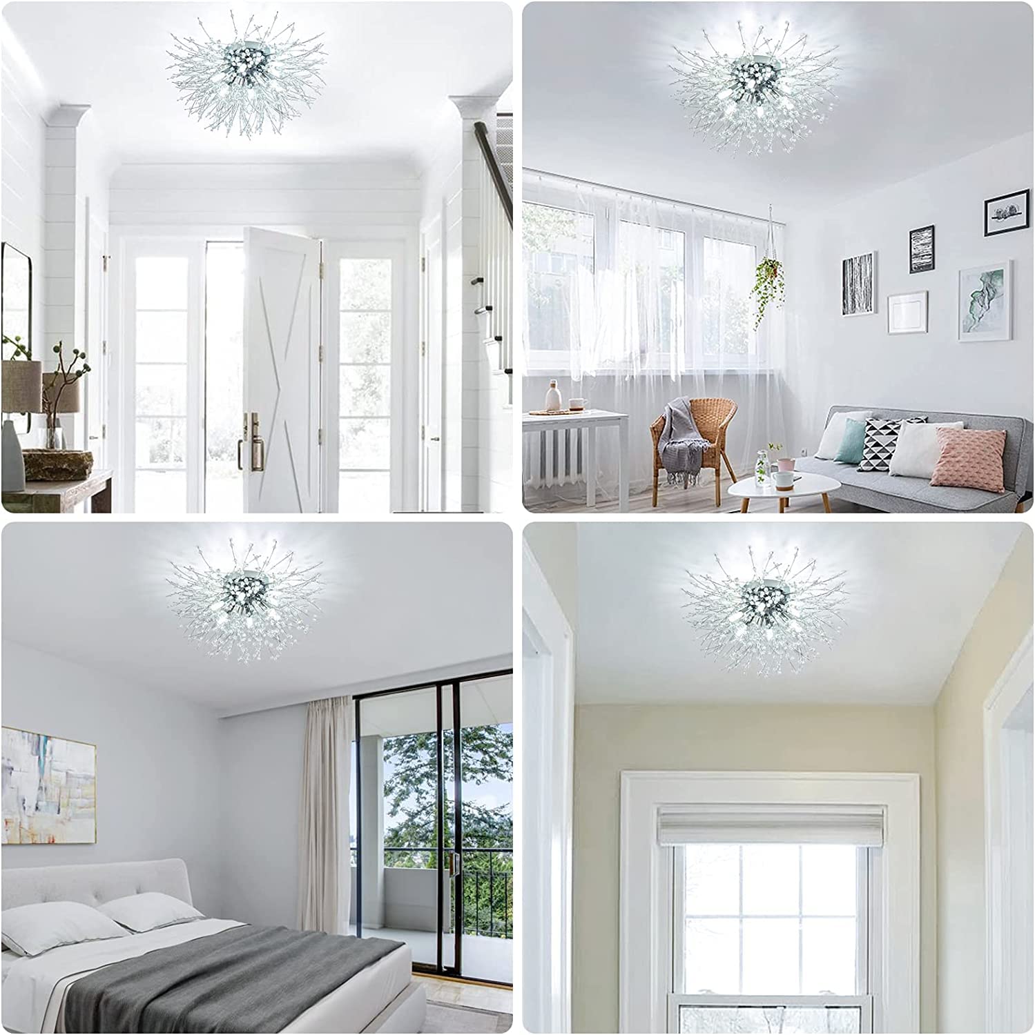 HMVPL Crystal Flush Mount Ceiling Light, Modern Sputnik Firework Close to Ceiling Lamp, LED Ceiling Light Fixtures for Bedroom Kitchen Island Entryway Hallway Foyer