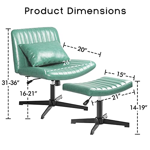 PUKAMI Armless Desk Chair No Wheels with Ottoman&Lumbar Support,PU Leather Padded Modern Swivel Home Office Chair,Height Adjustable Wide Seat Cross Legged Computer Task Chair for Living Room (Tiffany)