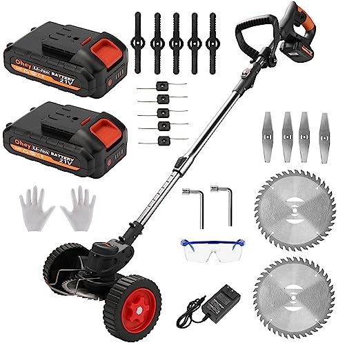 Weed Wacker, 21V Ohey Electric Cordless Weed Eater with 2Pcs 2.0AH Battery Powered, 4-in-1 Lightweight Portable Brush Cutter with Adjustable Length and Cutting Angle for Lawn, Yard, Garden