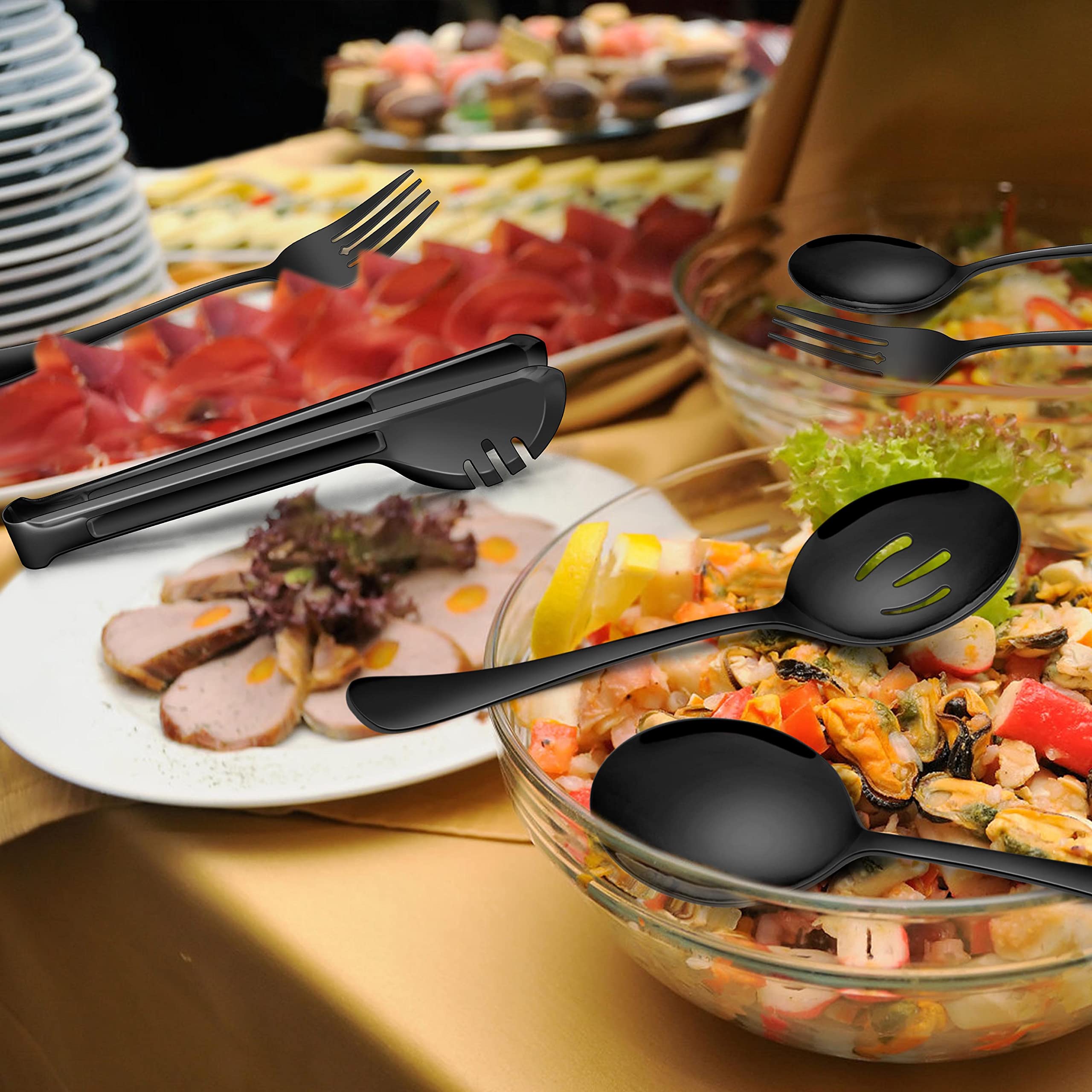 Homikit Stainless Steel 3 Large Serving Spoons, 3 Slotted Serving Spoons, 3 Serving Forks, 3 Serving Tongs, 12Pcs Black Metal Catering Banquet Buffet Serving Utensils, Mirror Polished, Dishwasher Safe