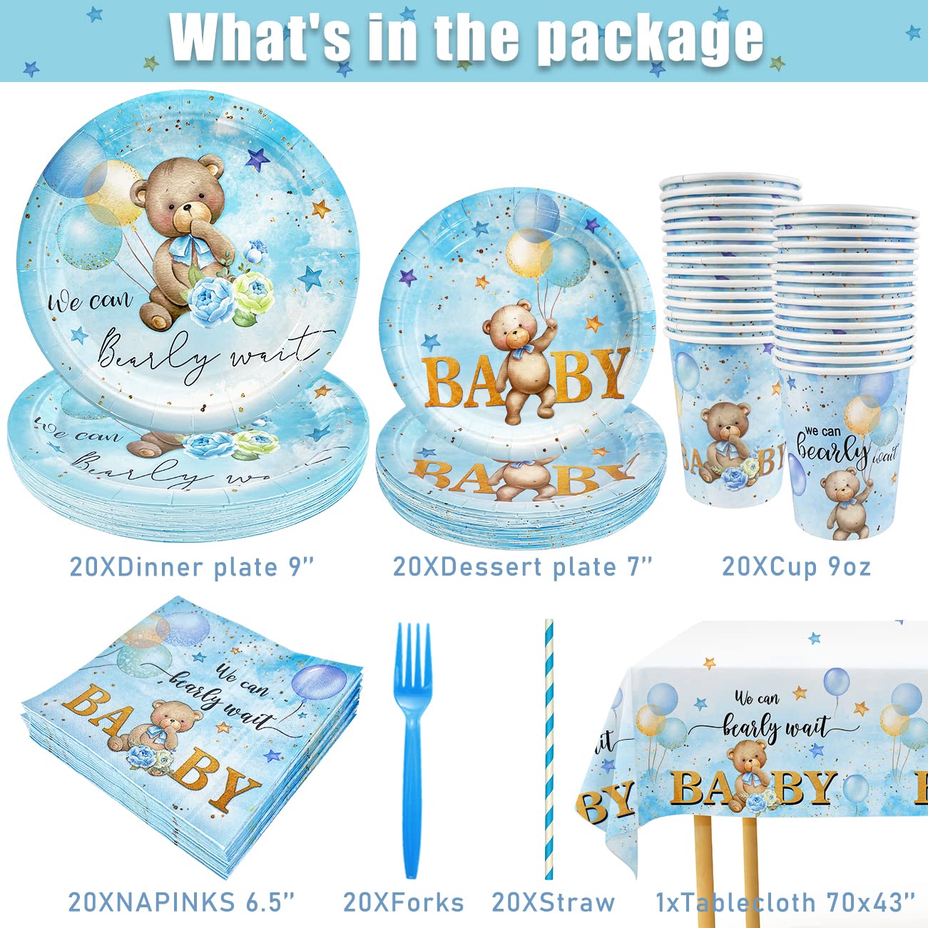 We Can Bearly Wait Baby Shower Decorations,Teddy Bear Baby Shower Decorations for Boy with Backdrop and Plates, Napkins and Cups,Mommy To Be Sash