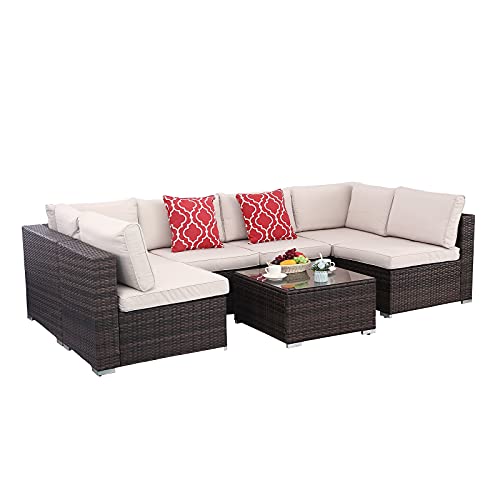 Polar Aurora 7 Pieces Outdoor Patio Sofa Set PE Rattan Wicker Sectional Furniture Outside Couch w/Washable Seat Cushions & Modern Glass Coffee Table