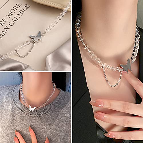 IFKM 6 PACK silver necklaces for women men layered adjustable choker chain Multilayer necklace set with butterfly cute pendant for teens girls gift