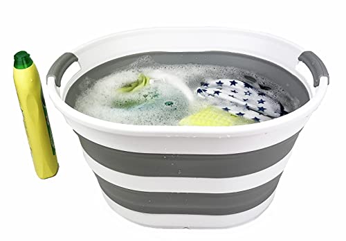 SAMMART 23L (6 Gallons) Set of 2 Collapsible Plastic Laundry Basket - Oval Tub - Foldable Storage Container/Organizer - Portable Washing Tub - Space Saving Laundry Hamper (White/Grey)