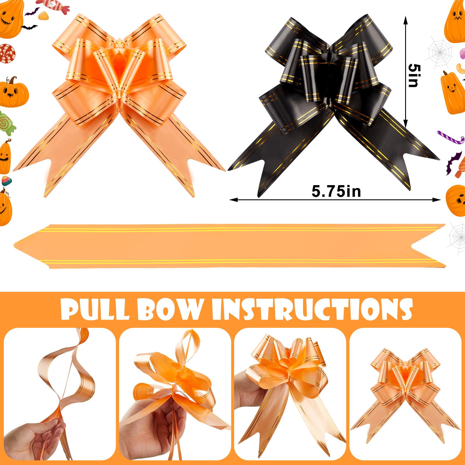Halloween Cellophane Wrap Set include 2 Pack 100 Ft Long x 16 In Wide Cellophane Wrap Roll with 40 Pull Bows, Halloween Baskets Arts Crafts Halloween Party Supplies