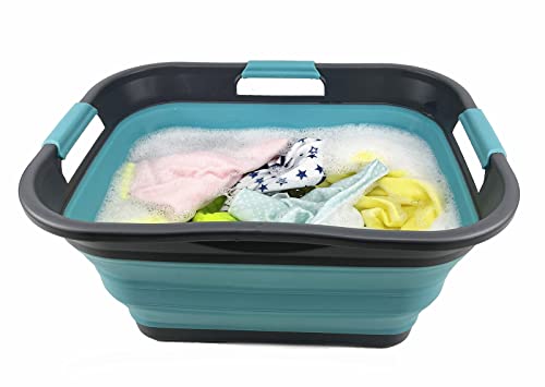 SAMMART 30L (8 gallon) Set of 2 Collapsible Plastic Laundry Basket - Foldable Pop Up Storage Container/Organizer - Portable Washing Tub - Water capacity: 24L (6.3 gallon) (Alloy Grey + Crystal Blue)