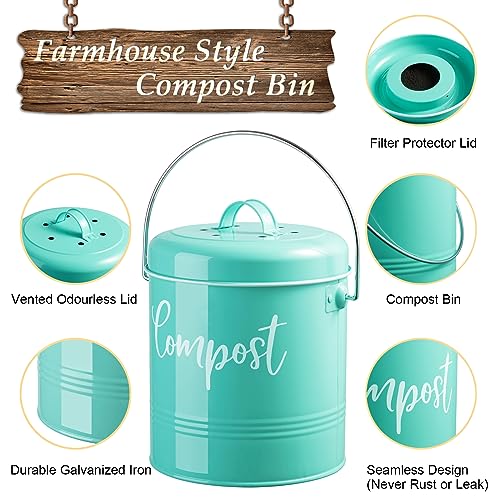 Teal Compost Bin Kitchen - 1.3 Gallon Turquoise Kitchen Compost Bin Countertop - Indoor Countertop Compost Bin with Lid - Rust Proof Compost Bucket - Teal Kitchen Decor and Accessories
