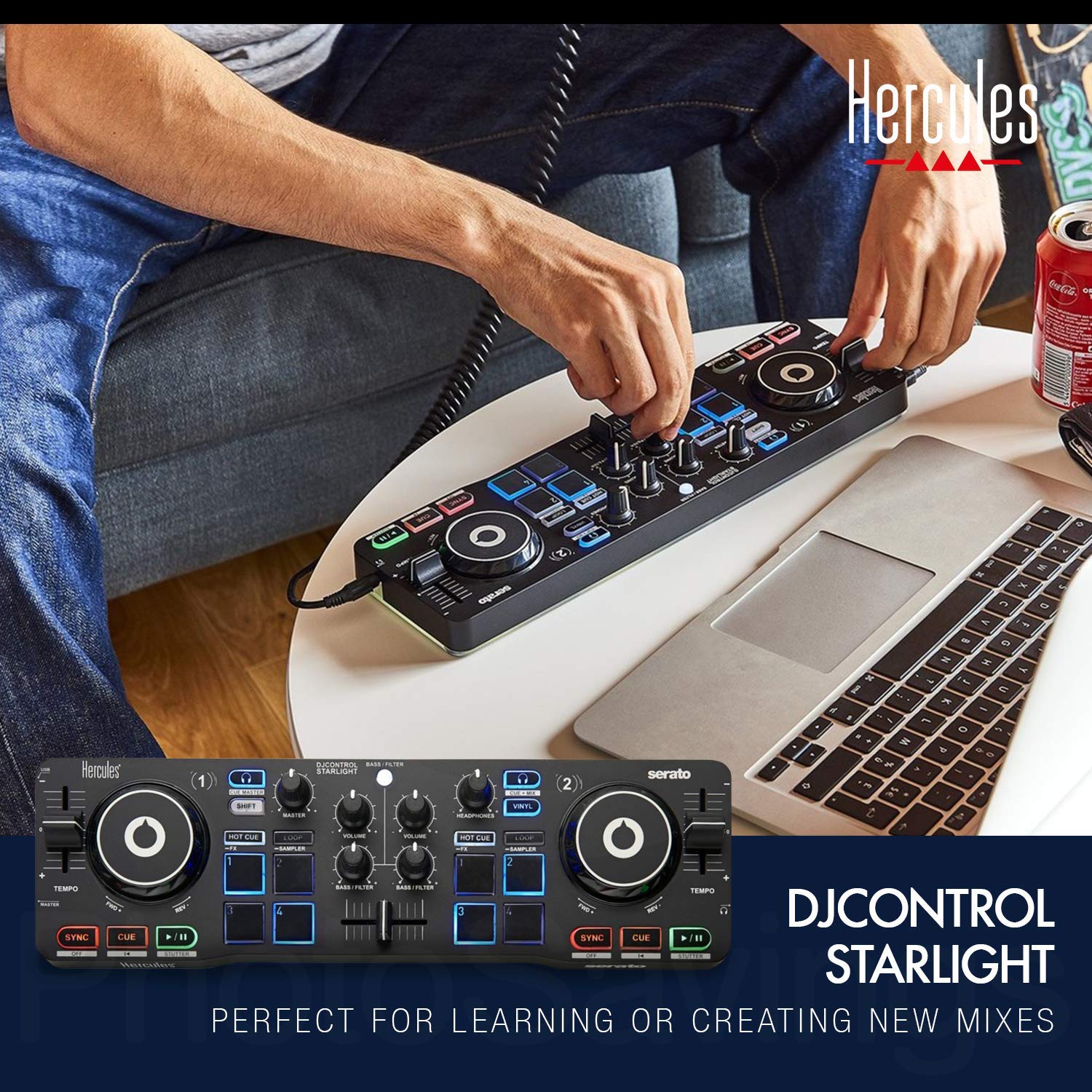 Hercules Compact DJControl Starlight Controller with Built-in sound card for Serato + Headphones + Basic Accessory Bundle