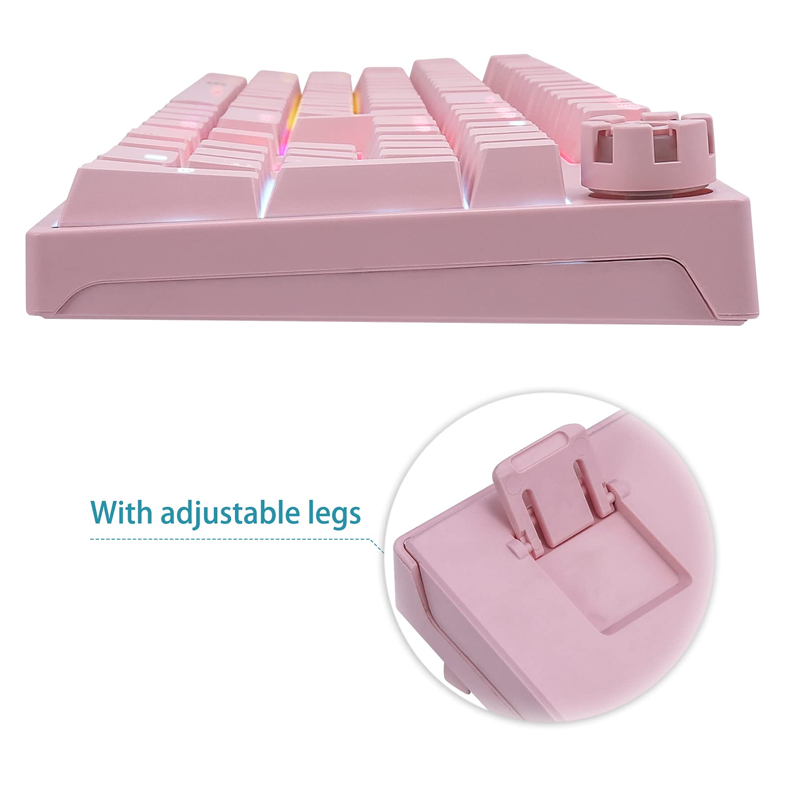 HUO JI Pink Mechanical Gaming Keyboard, USB Wired with Rainbow LED Backlit, Brown Switches, Multimedia Keys,108 Keys No Conflict