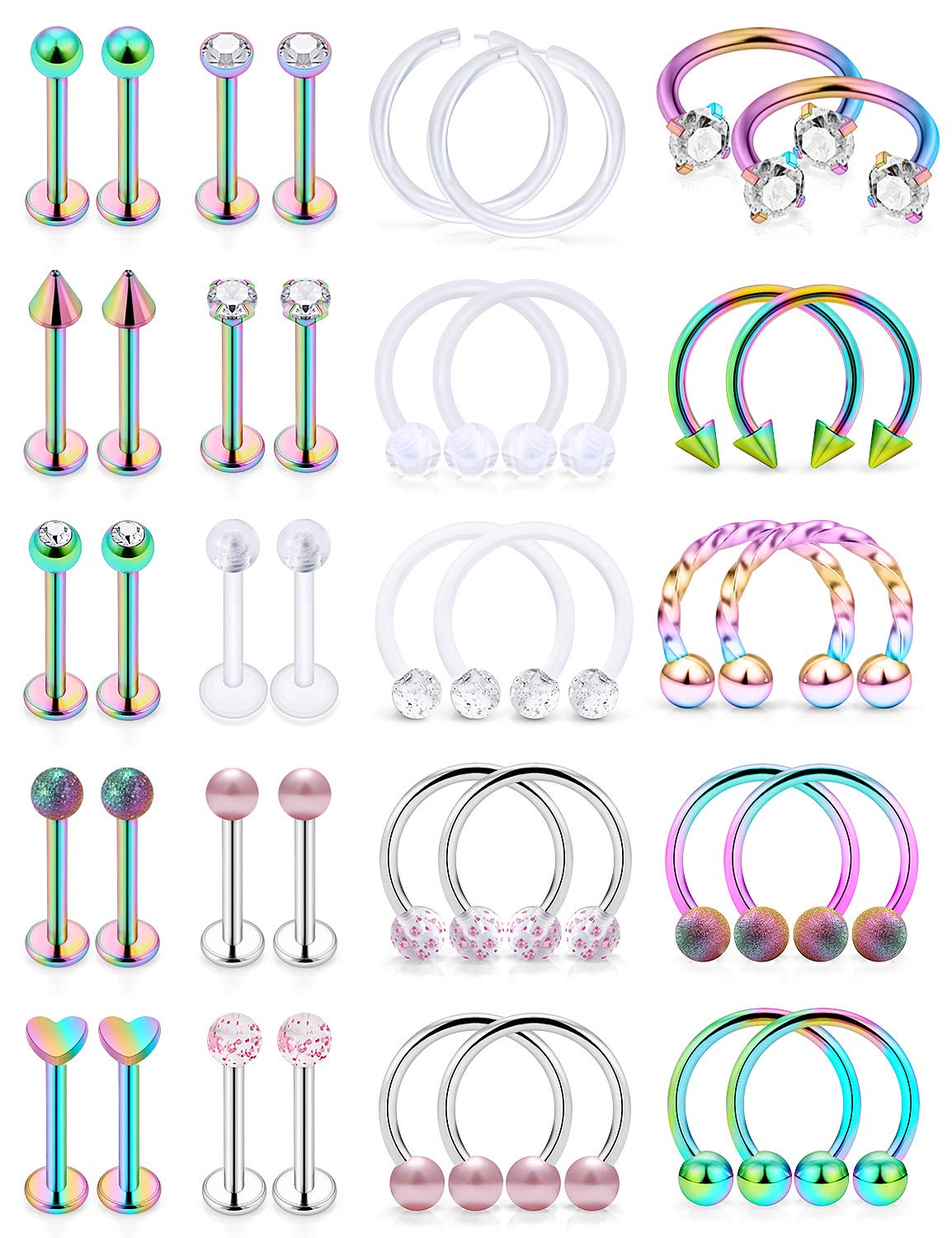 Hoeudjo 16G Surgical Steel Lip Rings Clear Diamond CZ Labret Studs Tragus Horseshoe Ring Helix Hoop Earring Body Jewelry Piercing Retainer for Women Men Rainbow