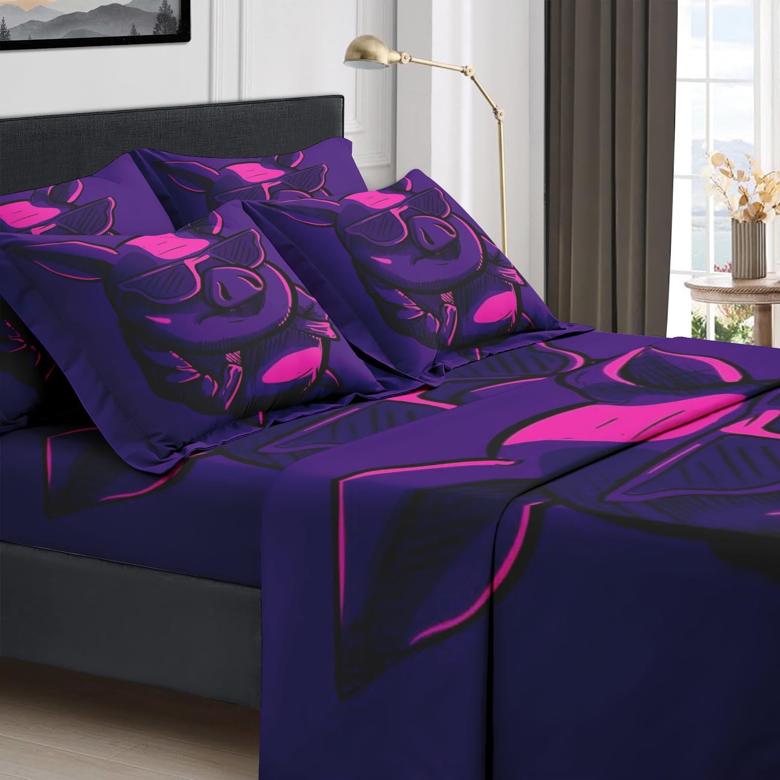 Pinbeam 7 Pcs Comforter Set King Size, Cool Pig Pink Bed in a Bag with Flat Sheet and Fitted Sheet for Kids and Adults, Neon His Animal Bedding Set with Pillowcase & Sham