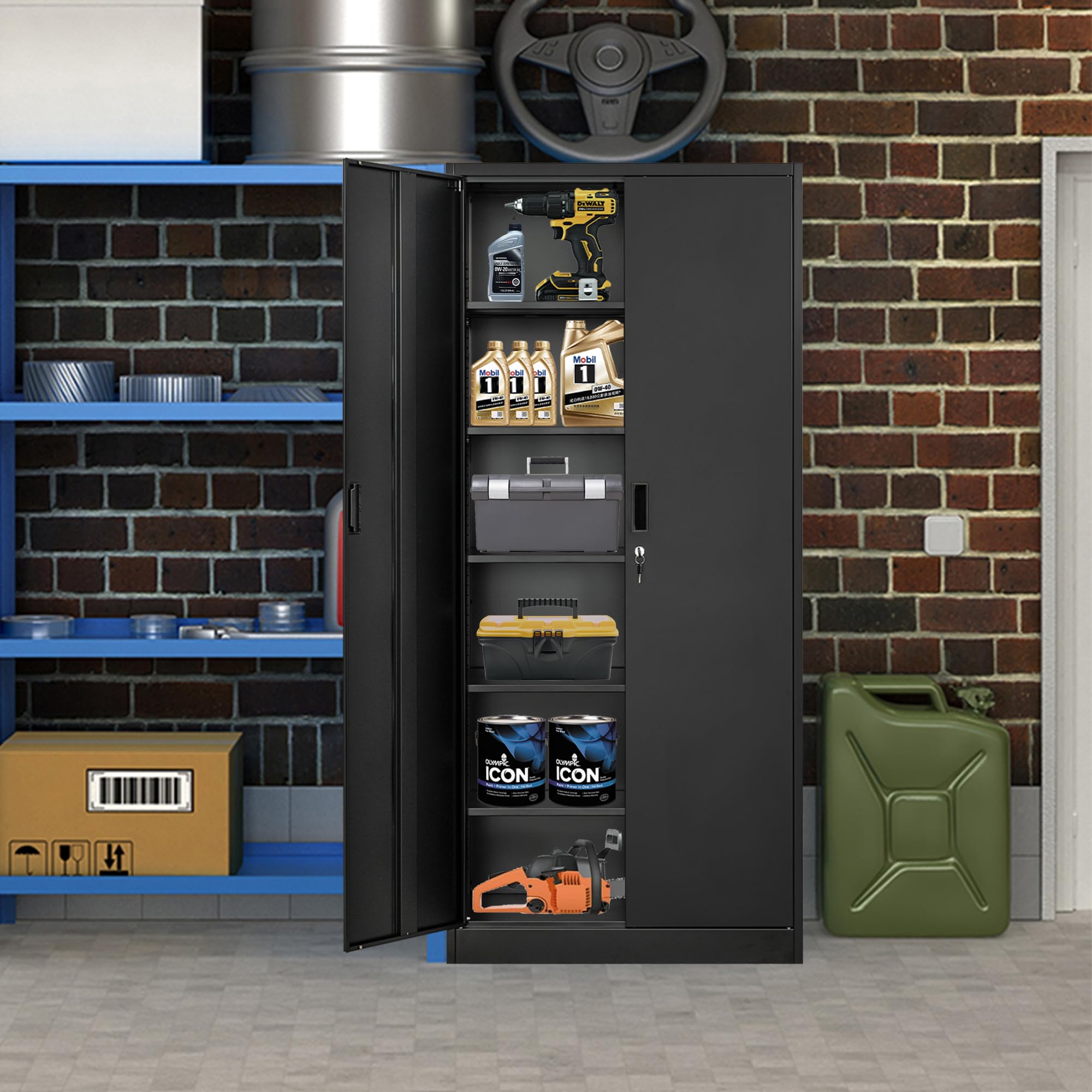 YEEZER Metal Storage Cabinet 71β with 2 Doors and 5 Adjustable Shelves, Garage Steel Locking Cabinet, Tall Cabinets Lockable File Cabinet for Home, Office, Garage, Gym, School. (Black)