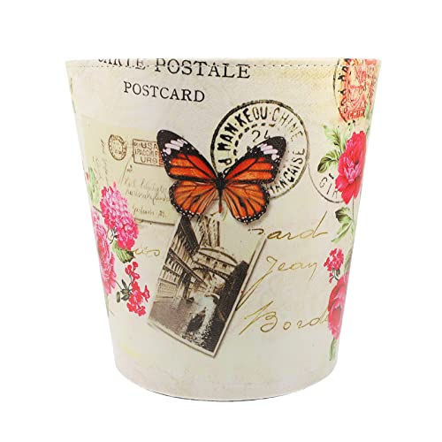 Zerodeko Vintage Leather Trash Can Retro Butterfly Flower Waste Paper Basket Decorative Toilet Paper Bin Dustbin Garbage Bin for Kids Bedroom Bathroom Kitchen Office 10L