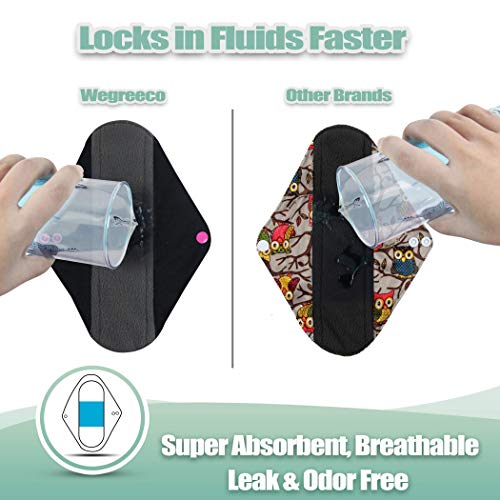 wegreeco Bamboo Charcoal Reusable Menstrual Pads - Reusable Sanitary Pads | Reusable Panty Liners | Soft Cloth Menstrual Pads - 6 Pack with 1 Cloth Mini Wet Bag (Small, Black)