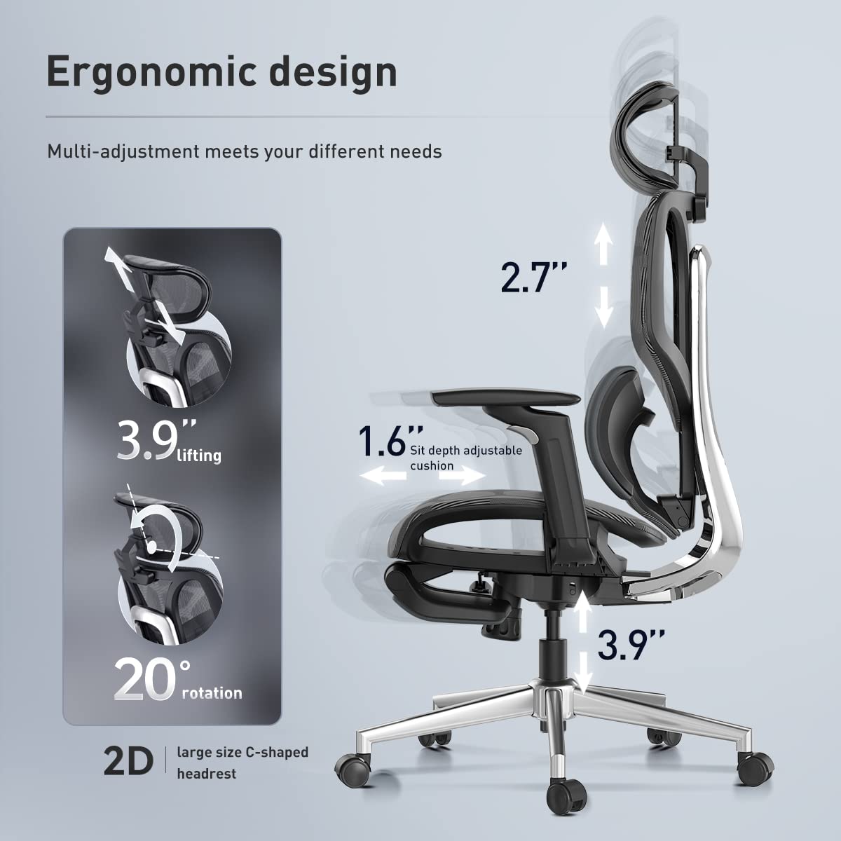 Hbada Ergonomic Office Chair Elastic Adaptative Back Lumbar Support Computer Chair, Seat Depth Adjustment Office Chair, Backrest Height Adjustable Mesh Desk Chair with Footrest, Black