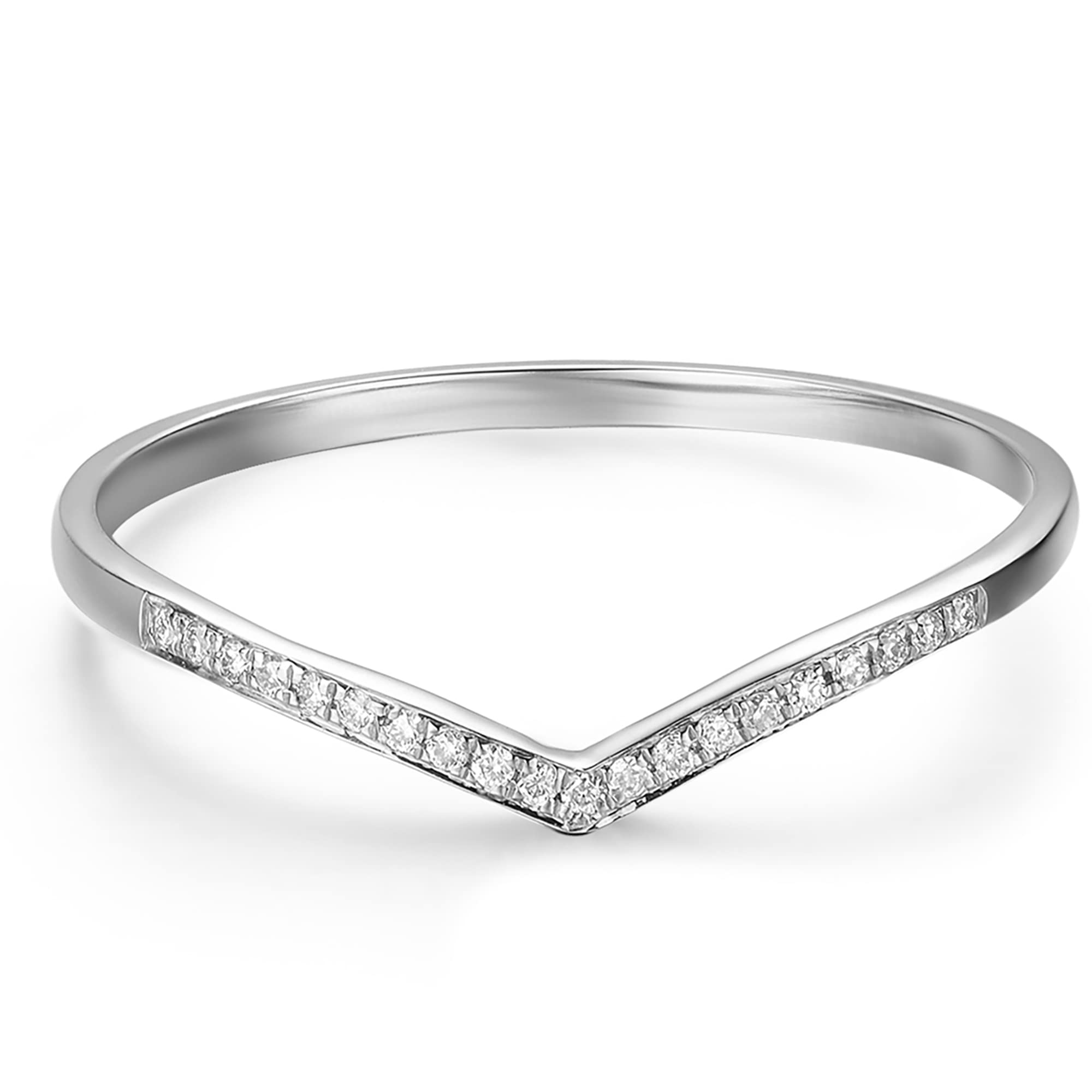 HAFEEZ CENTER 14K Gold Moissanite Rings for Women Moissanite Wedding Band 2mm V Shape Chevron Curved Moissanite Stacking Rings for Women (White-Gold, 9)