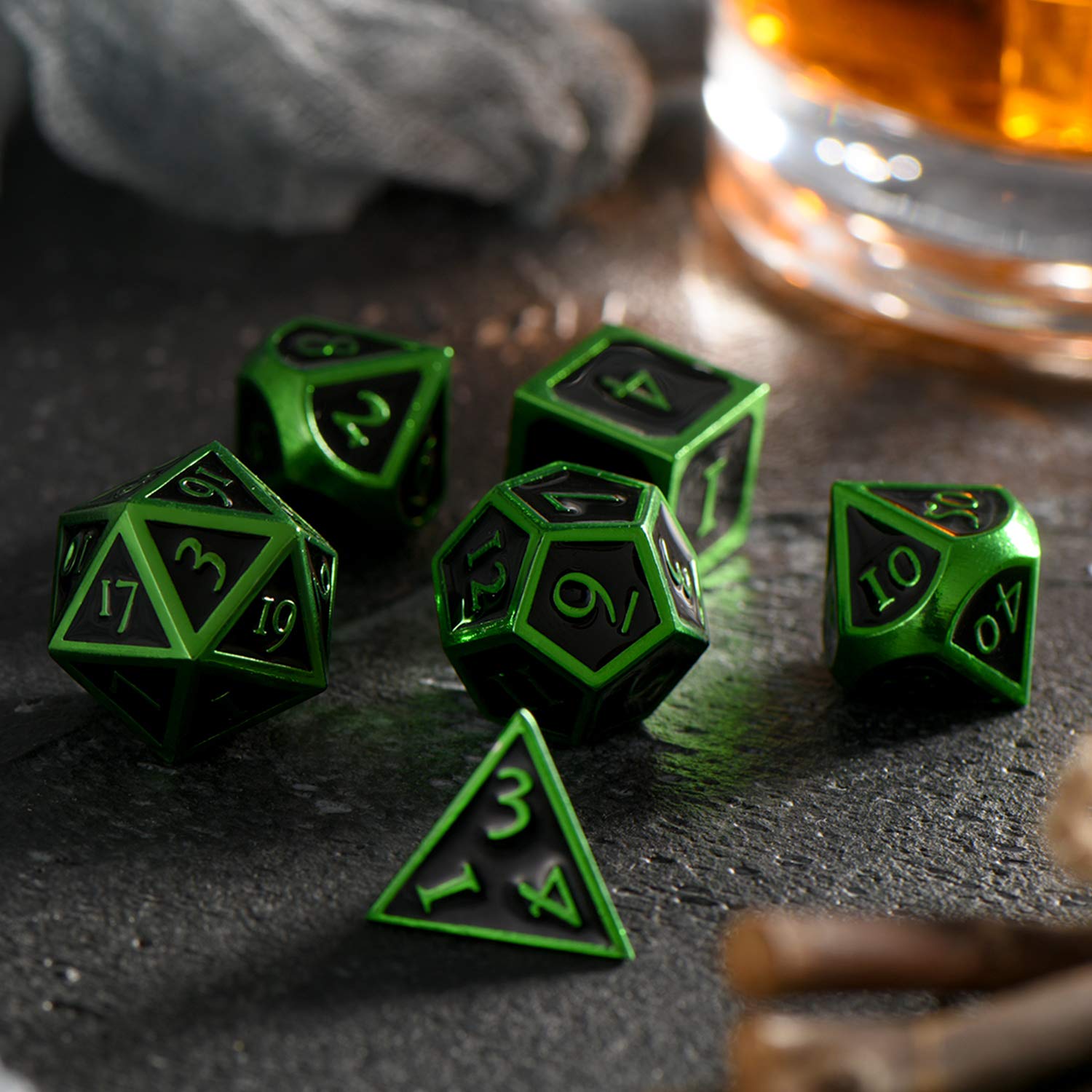 HESTYA Metal Dices Set Polyhedron Dice Compatible with Dungeons and Dragons, Role Playing Math Teaching Table Games Solid Zinc Alloy with Enamel Dice with Storage Bag
