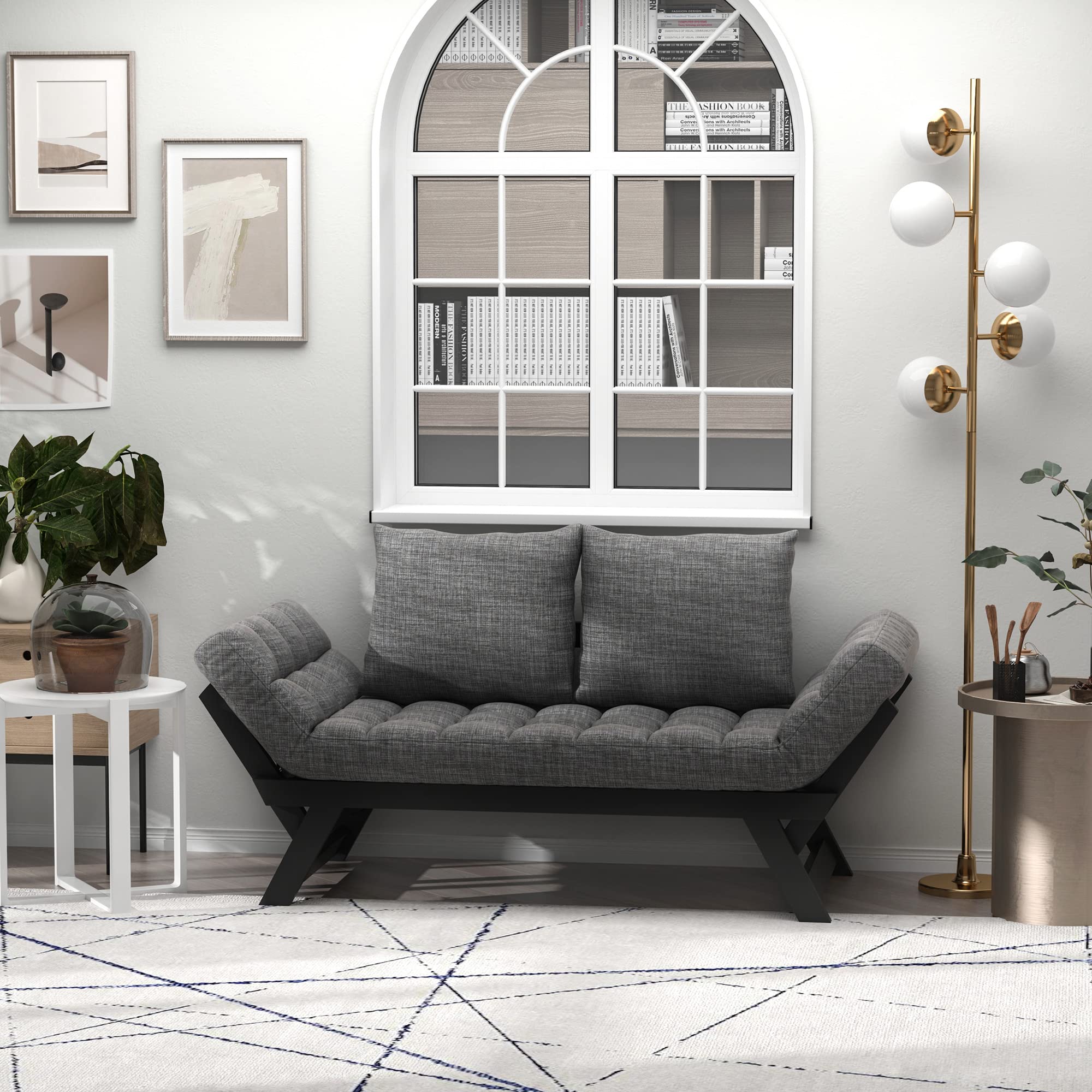 HOMCOM Single Person 3 Position Convertible Chaise Lounger Sofa Bed with 2 Large Pillows and Oak Frame, Light Gray