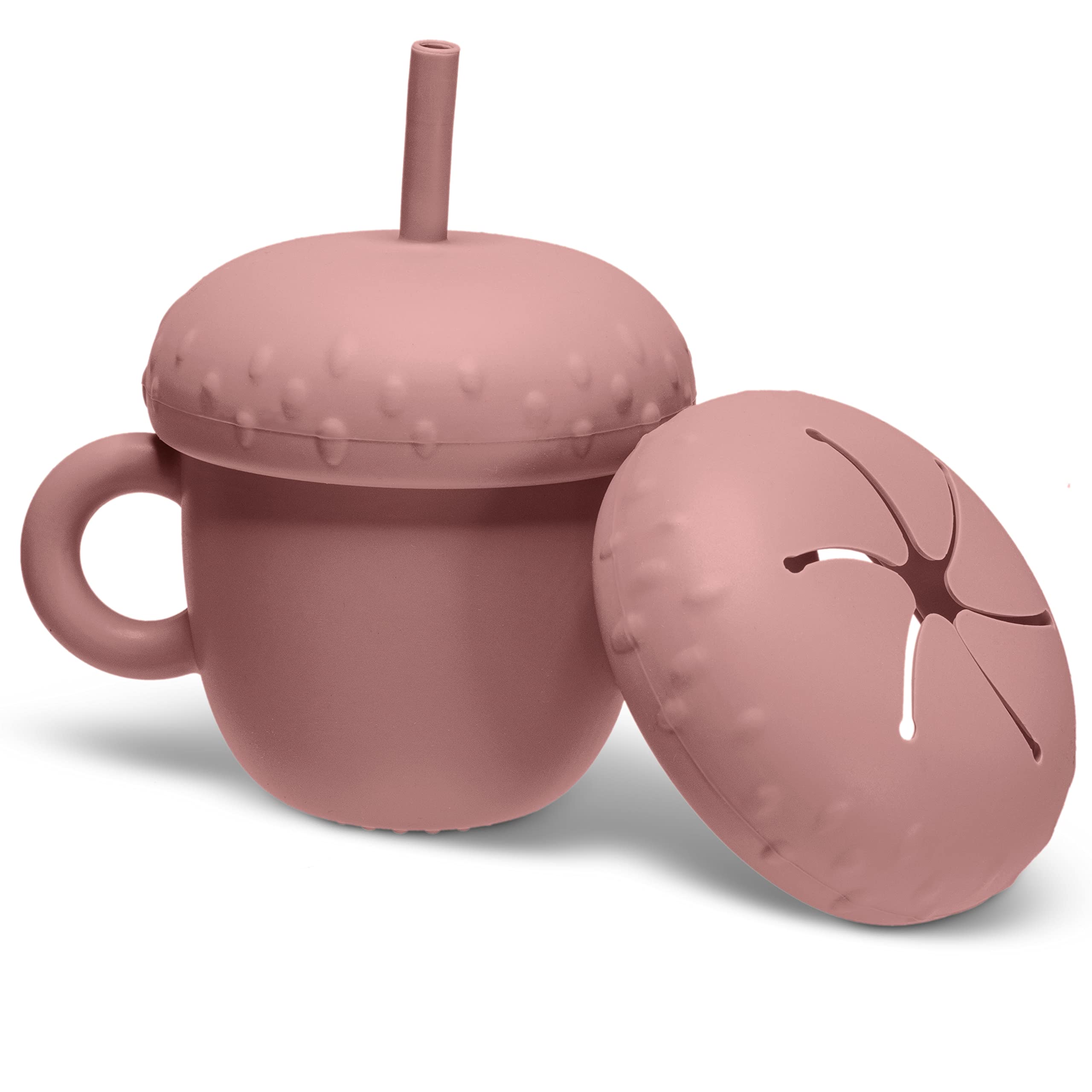 KOZE Toddler Baby Silicone Sippy Cup w Straw | Training Cup, Unbreakable 100% Silicone, Dishwasher Safe, BPA Free, 6 oz, Baby 6+ months Transition | 2-in-1 Acorn BONUS Snack Top!