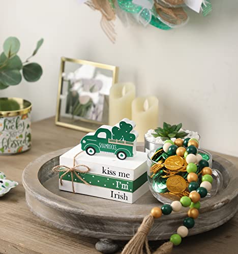 St. Patrick's Day Tiered Tray Decor, 1 St. Patrick's Wood Book Stack, 1 Bead Garland, I’m Irish Shamrock Mini Faux Decorative Books Bundle, Farmhouse St. Patrick's Party Table Mantle Decor