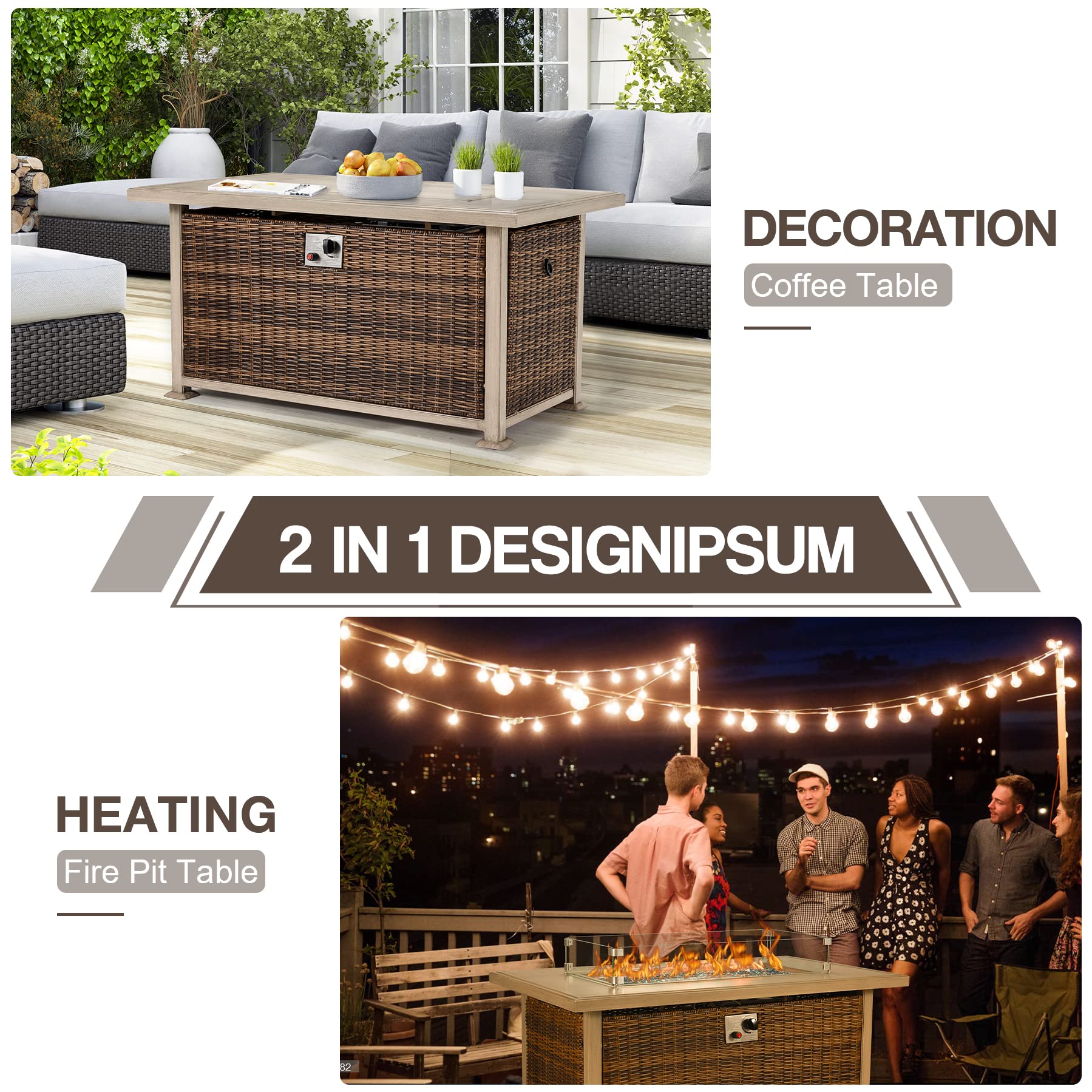GYUTEI Outdoor Propane Gas Fire Pit Table,50in 50,000 BTU Auto-Ignition Gas Fire Table w/CSA Certification(Excluding Glass Wind Guard),Aluminum Firepit for Garden Patio(Grey)