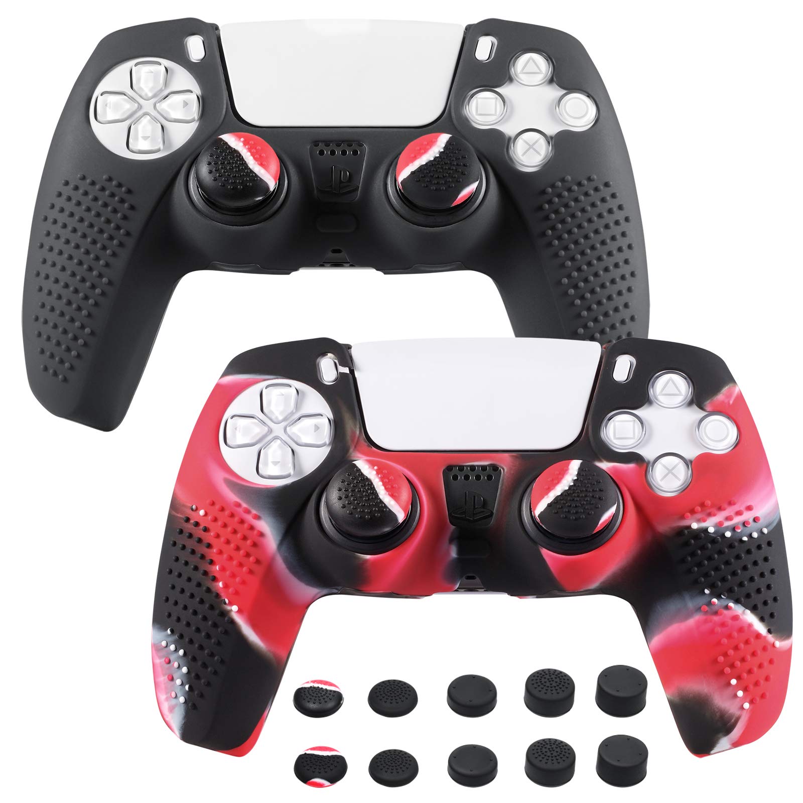 HJYuan PS5 DualSense Controller Skin 2 Pack - PS5 Controller Case Silicone Grip for Playstation 5 DualSense Controller (Controller Skin x 2 + FPS PRO Thumb Grips x 10) (Black and Camouflage Red)