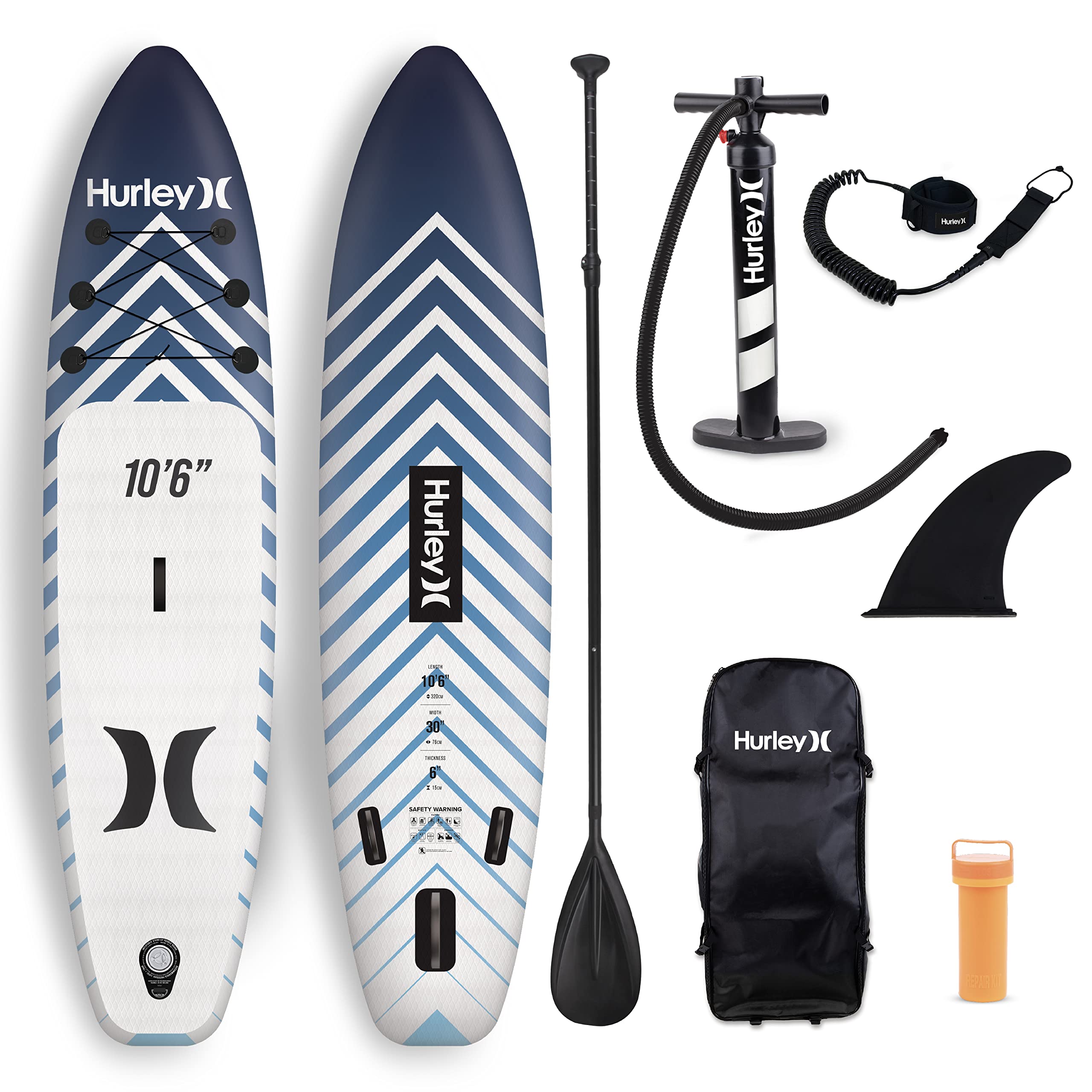 Hurley One & Only 10' 6" Stand Up Paddle Board with Backpack, Air Pump, Adjustable Floating Paddle, Coiled Leash, Fin & Repair Kit (White)
