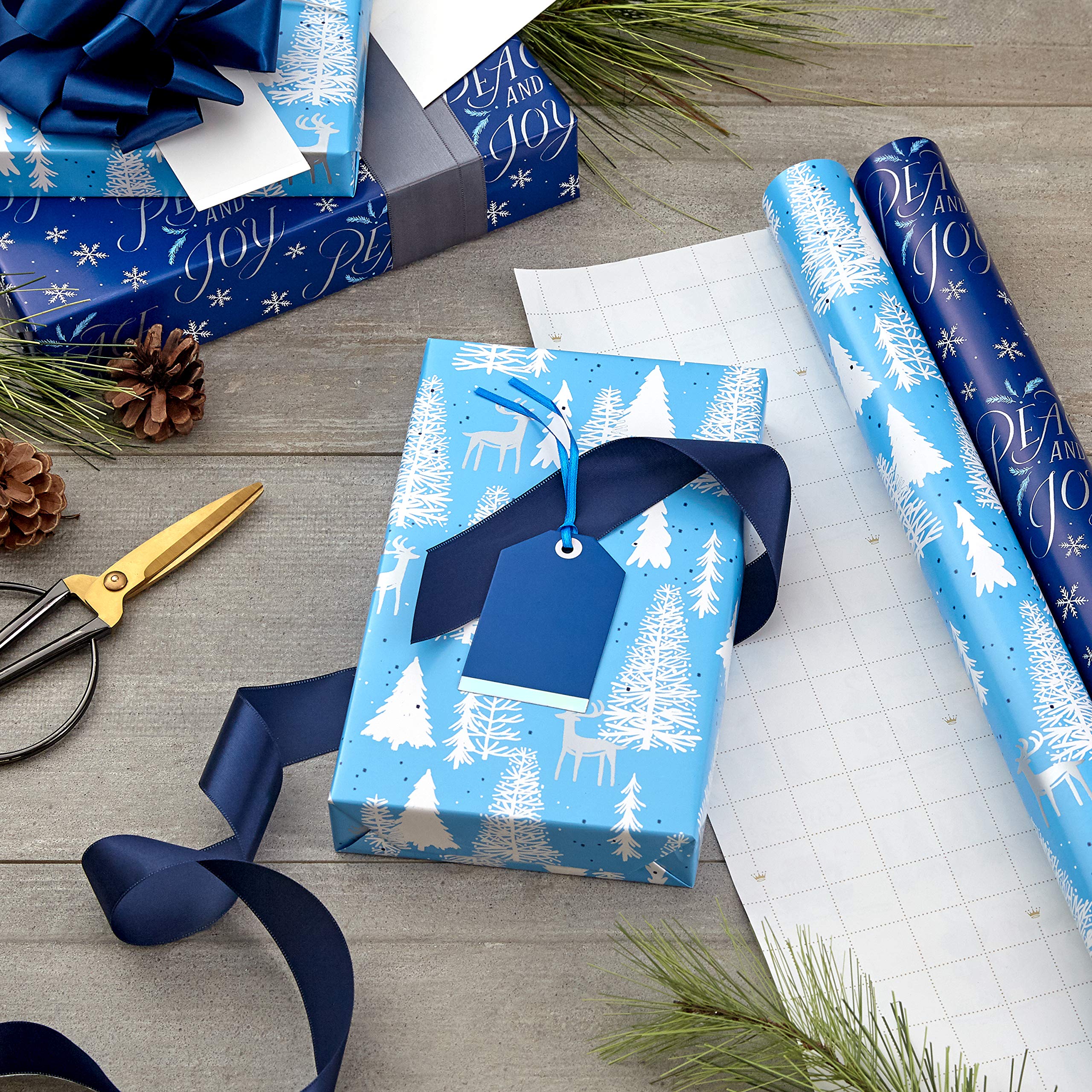 Hallmark Bulk Blue Holiday Wrapping Paper with Cut Lines on Reverse (2 Jumbo Rolls: 160 sq. ft. ttl) Christmas Trees and Deer, Snowflakes, Peace and Joy", Dual-Pack (0005JXW1056)